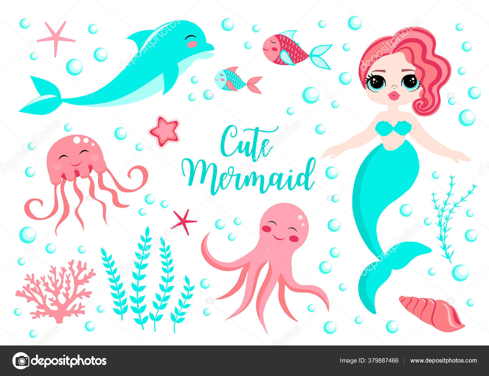 Cute Set Little Mermaid Princess Dolphin Octopus Fish Jellyfish Coral ...