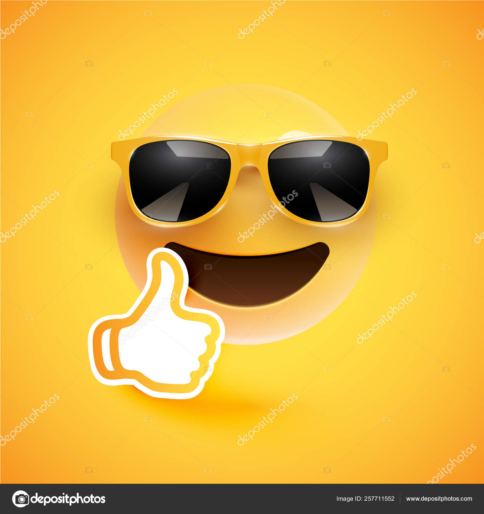 Realistisk emoticon med solbriller og tommelfingre op, vektor illustr ...