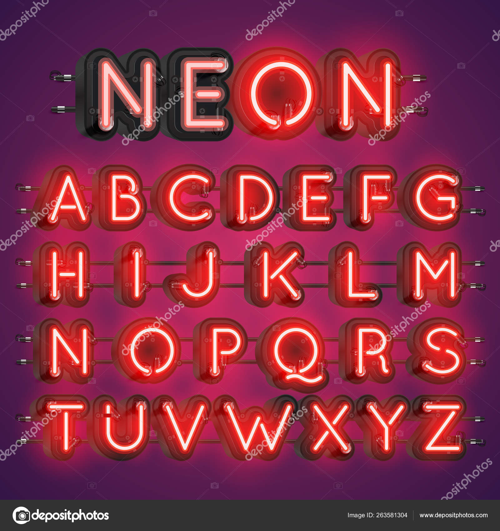 Realistic neon font with wires and console, vector illustration Stock ...