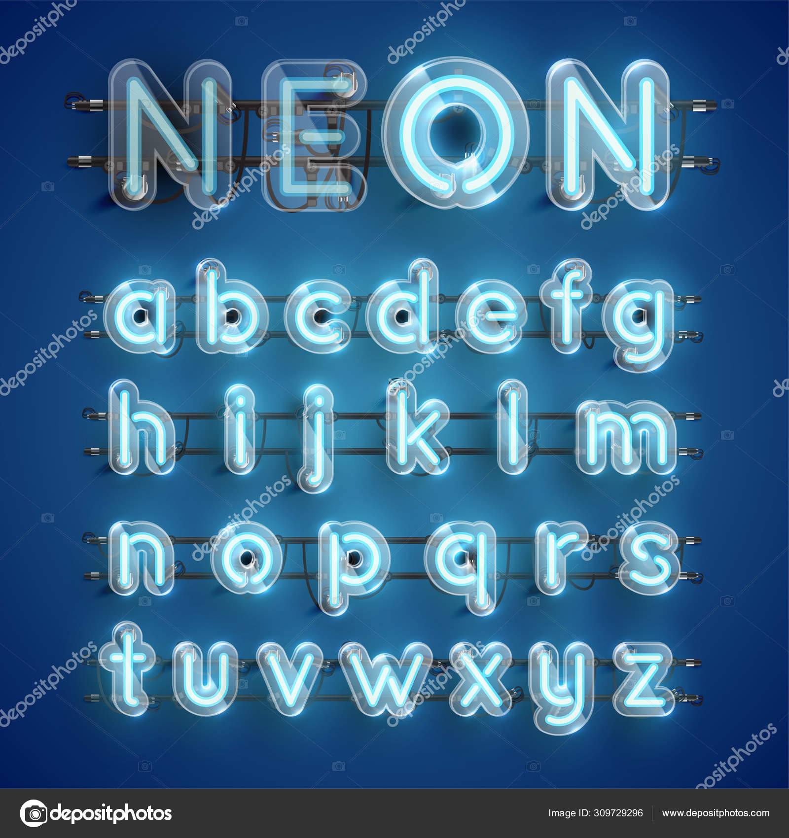 Realistic blue neon character set with plastic case around, vector ...