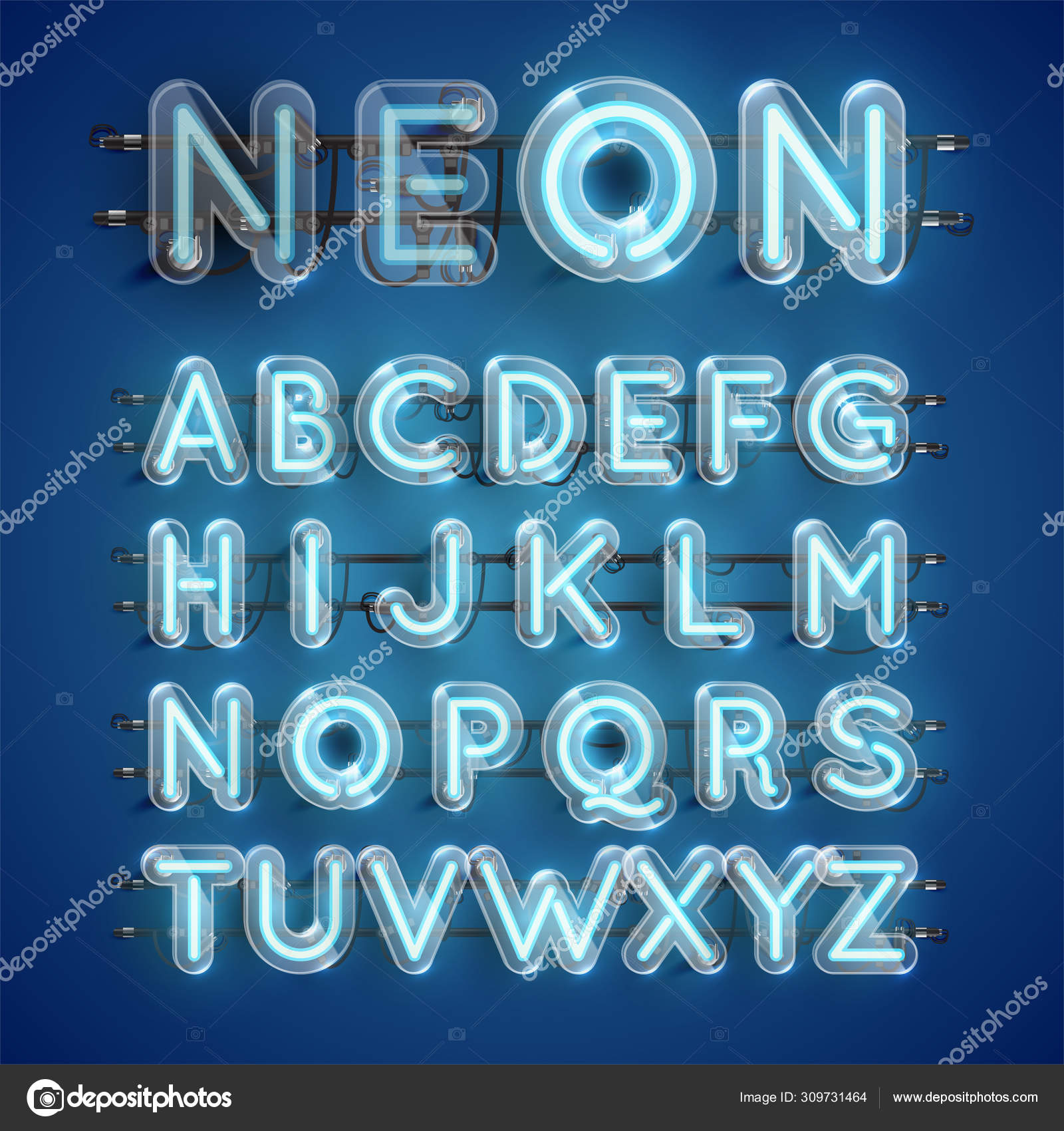 Realistic blue neon character set with plastic case around, vector ...