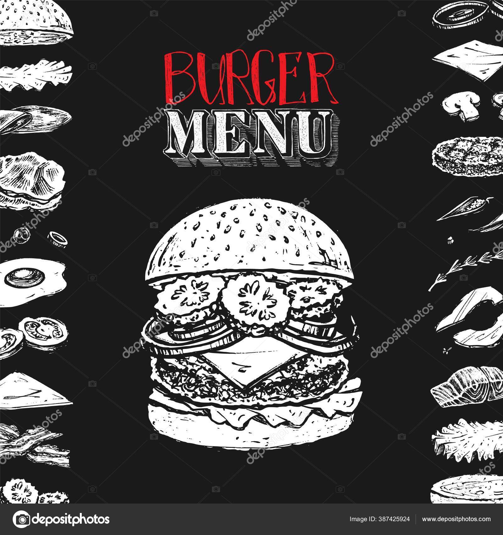 Desain menu burger untuk restoran. Gambar Chalk Vektor Stok oleh ©Margo ...