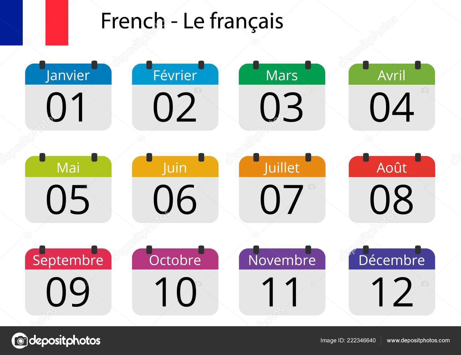 Flat Design Calendar Months Icon Set French Number Month Stock Vector ...