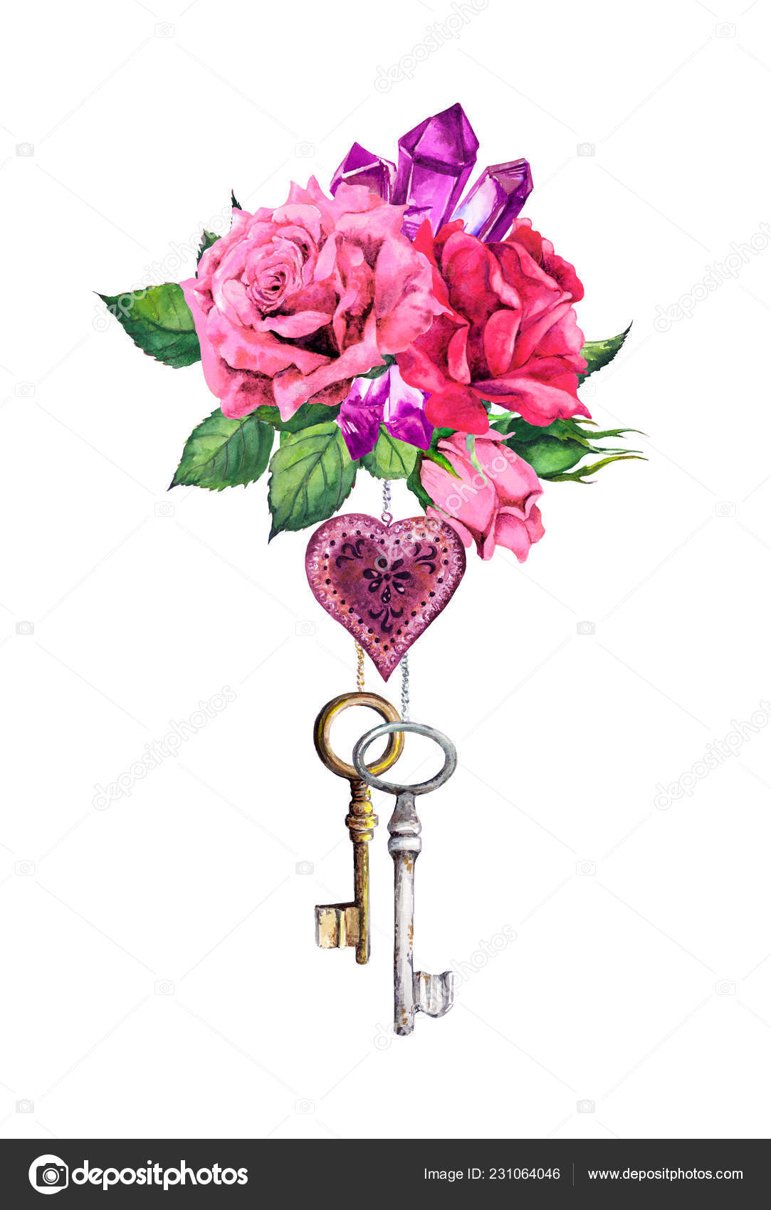 Red, pink roses with heart, two keys, feathers, crystal gemstone ...