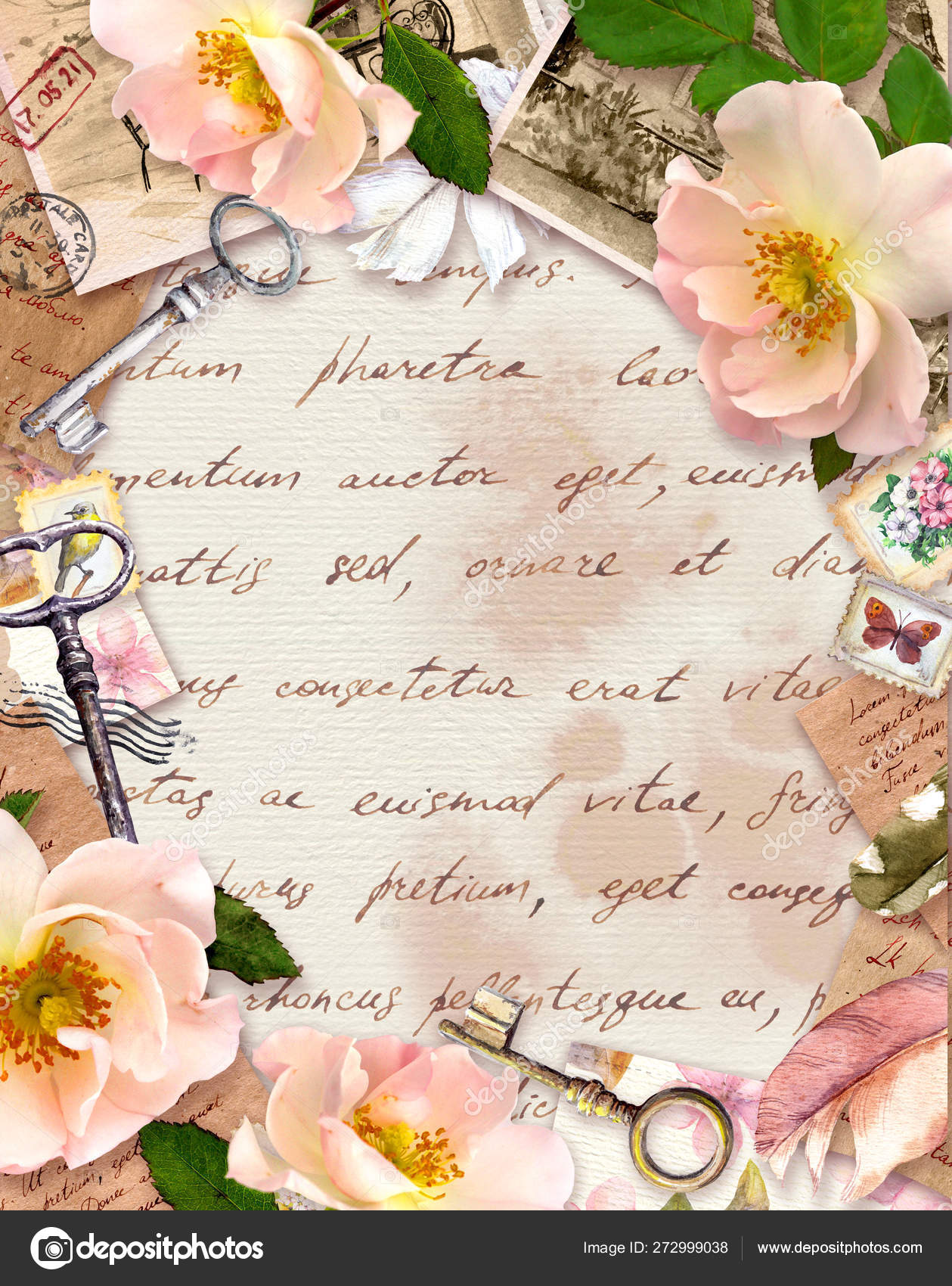 Vintage frame, retro design, Old paper, roses flowers, notes ...