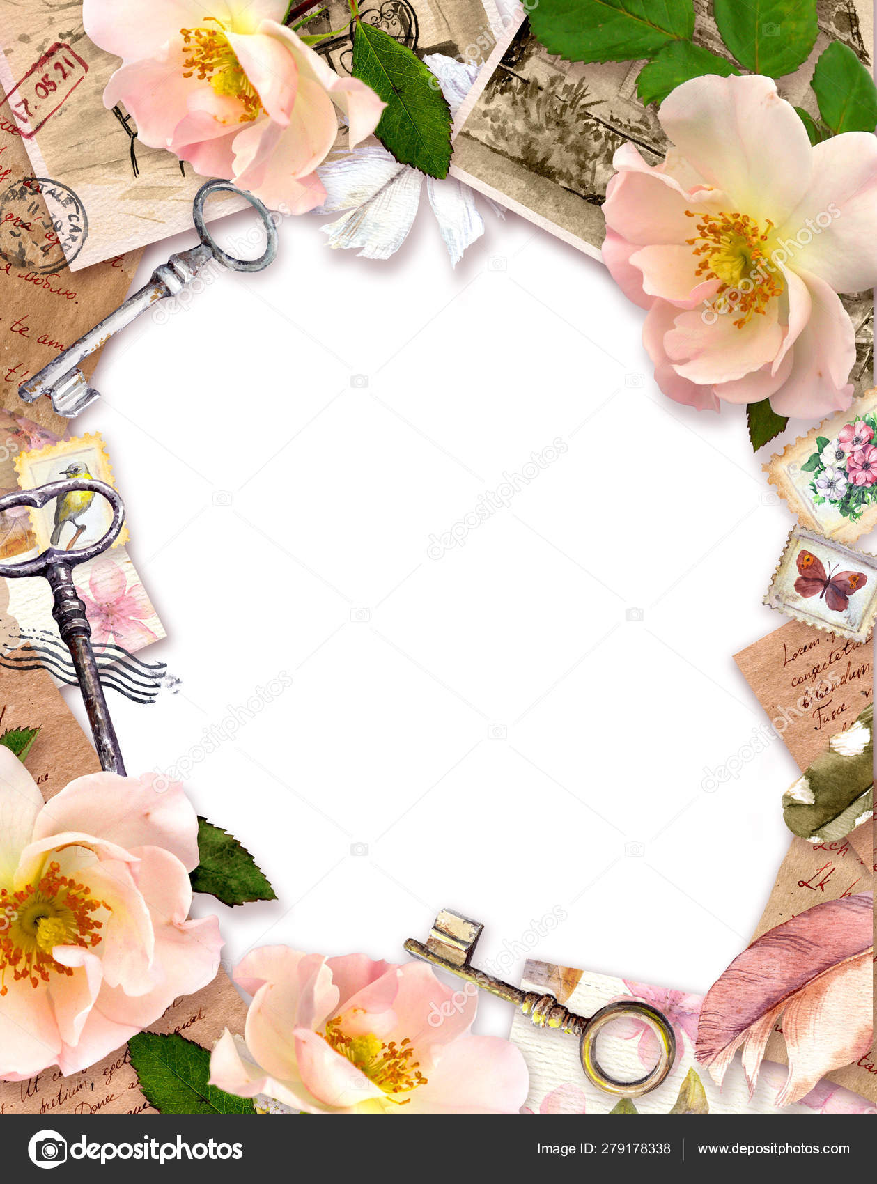 Vintage frame, retro design, Old paper, roses flowers, notes ...