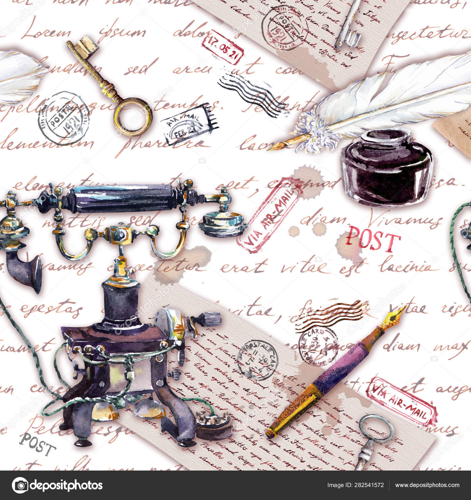 Retro telephone, ink bottle, pen, written feather, aged paper, old ...