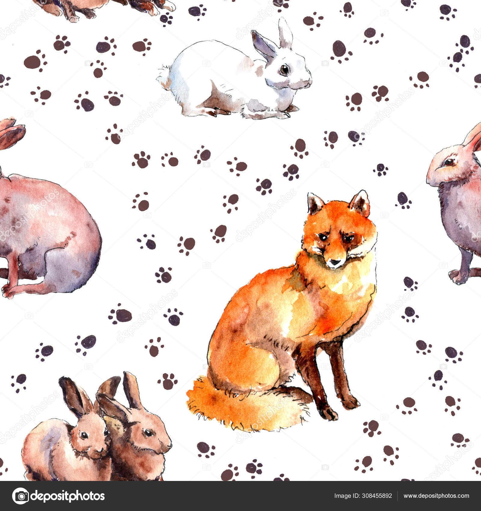 Forest animals: rabbits, fox. Wild animal pattern with foot print ...