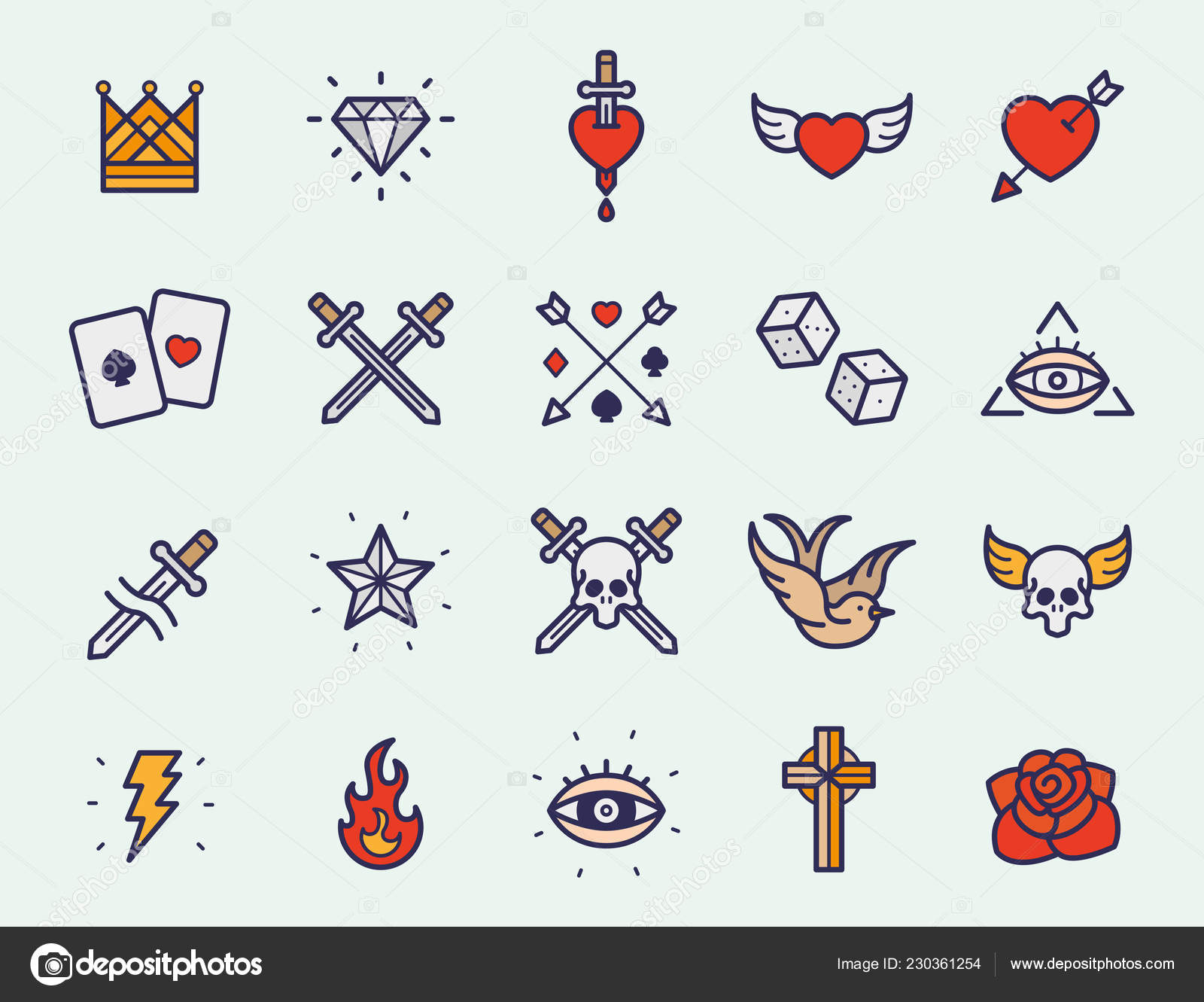 Vintage Old School Tattoo Minimal Color Flat Line Stroke Icon Stock ...