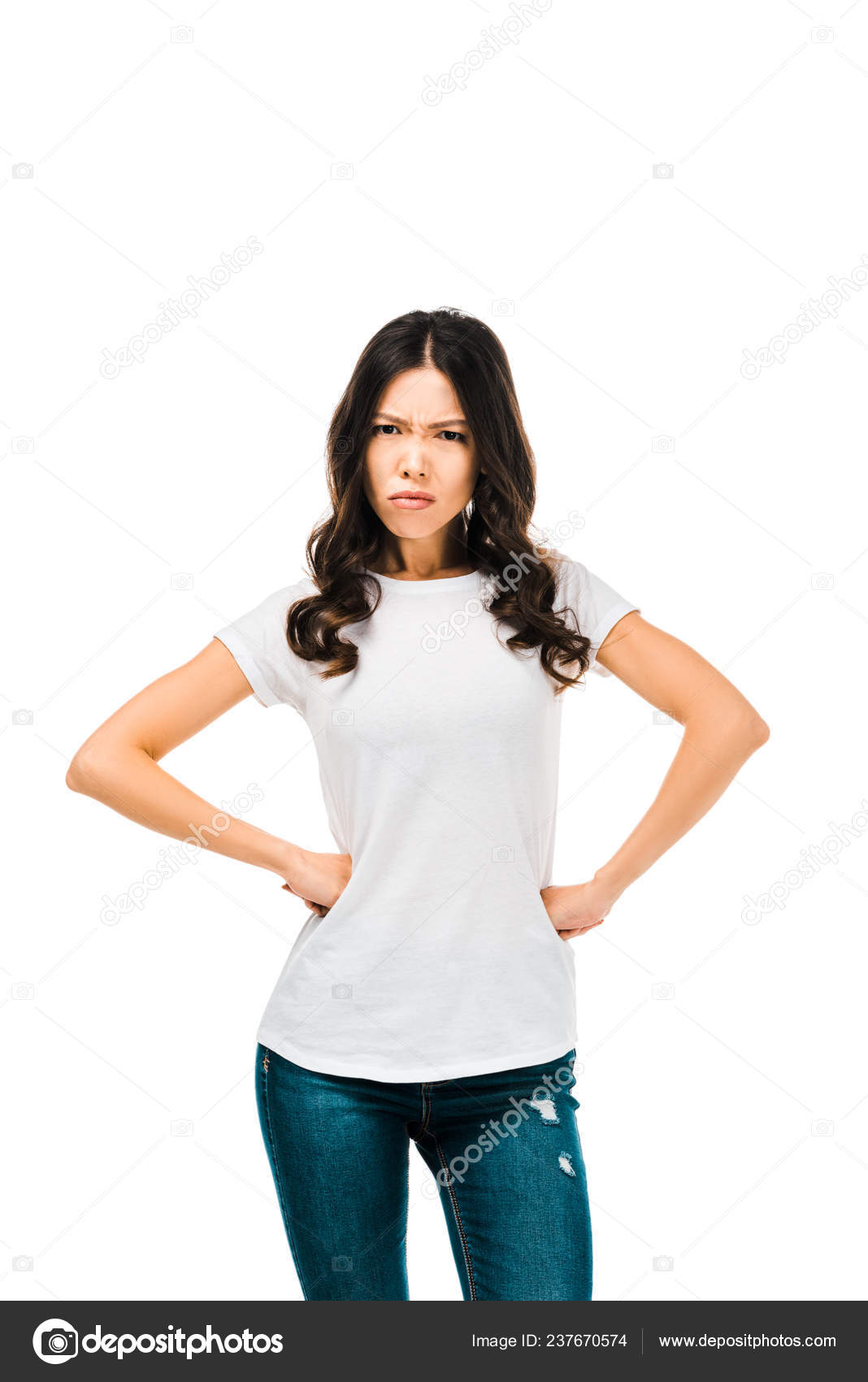 Angry Young Woman Standing Hands Waist Looking Camera Isolated White ...