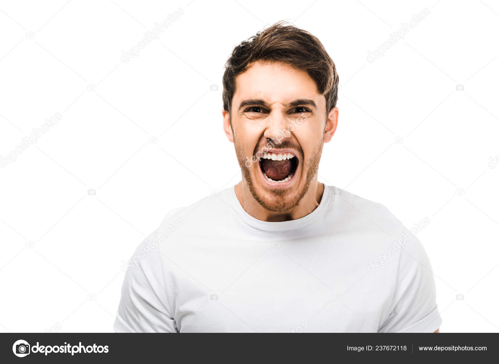 Emotional Young Man Screaming Looking Camera Isolated White — Stock ... Emotional Young Man Screaming Looking Camera Isolated White — Stock ...