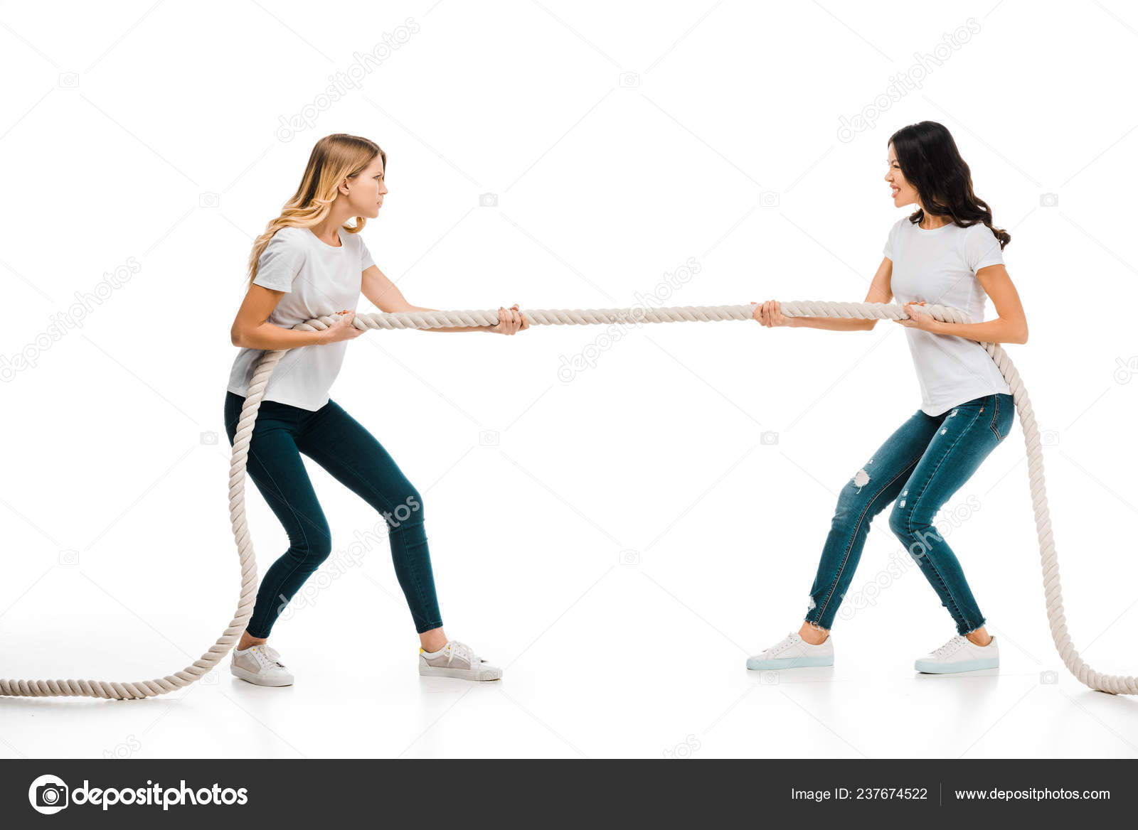 Angry Young Women Pulling Rope Looking Each Other Isolated White ⬇ ...