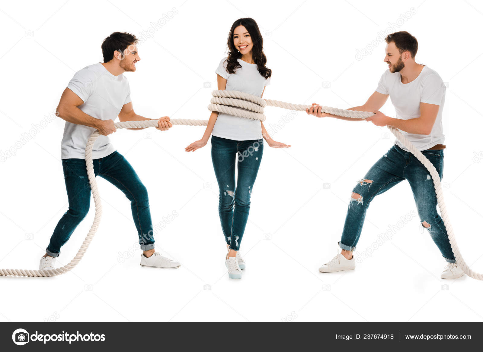 Angry Men Pulling Rope Wrapped Smiling Young Woman Isolated White ...