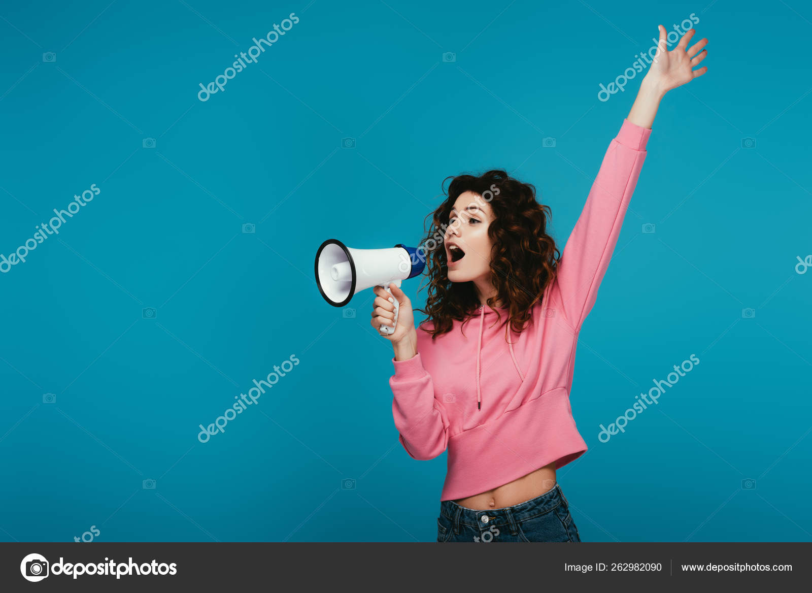 Attractive Curly Redhead Girl Screaming Megaphone Blue ⬇ Stock Photo ...