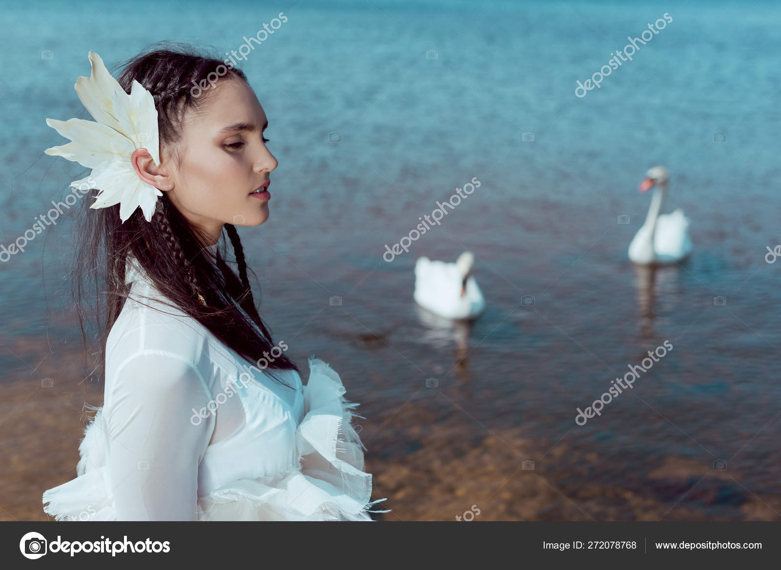 Side View Tender Woman White Swan Costume Looking Away Standing — Stock ...
