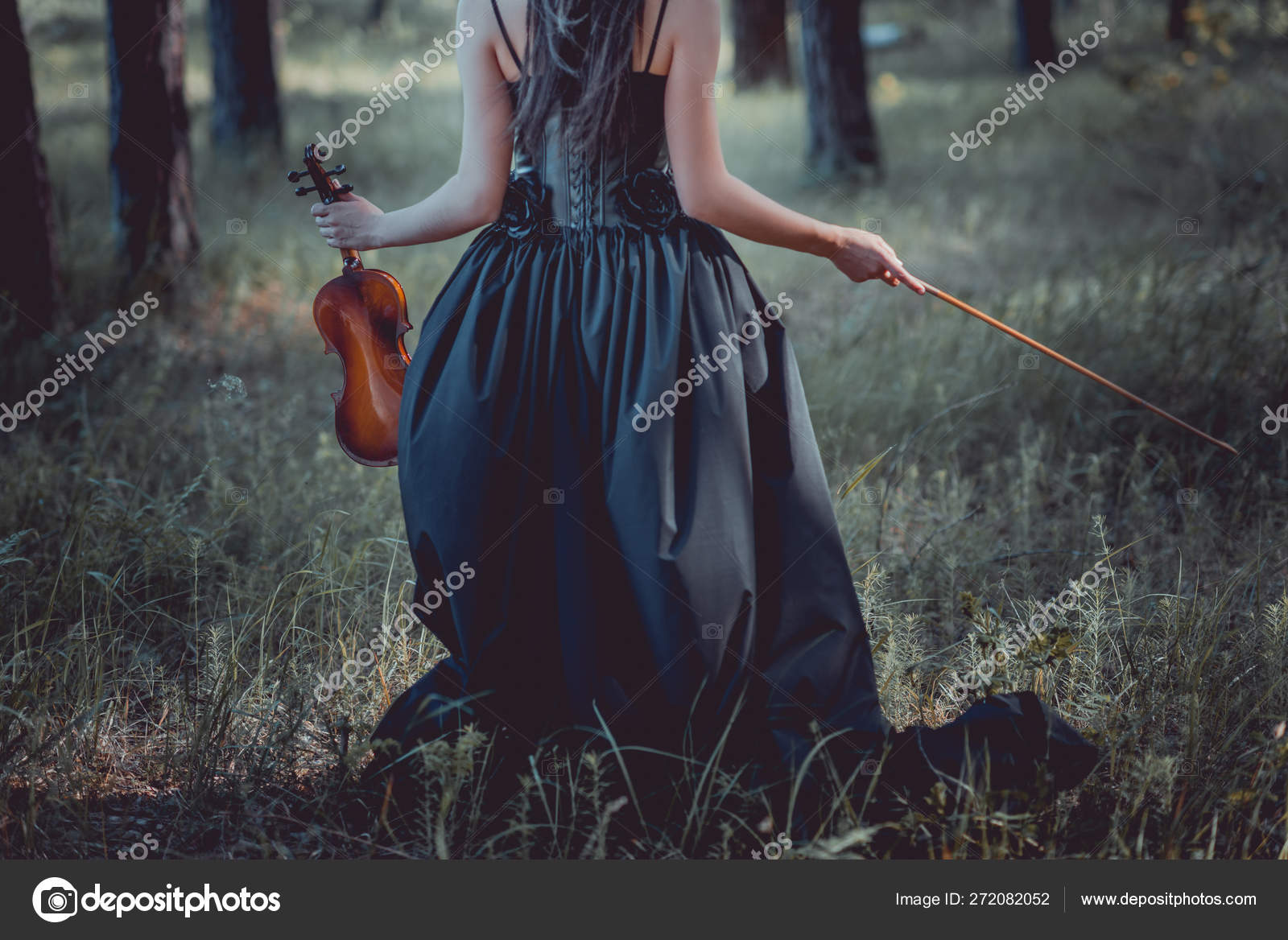 Back View Woman Witch Costume Walking Forest Holding Violin Stock Photo ...