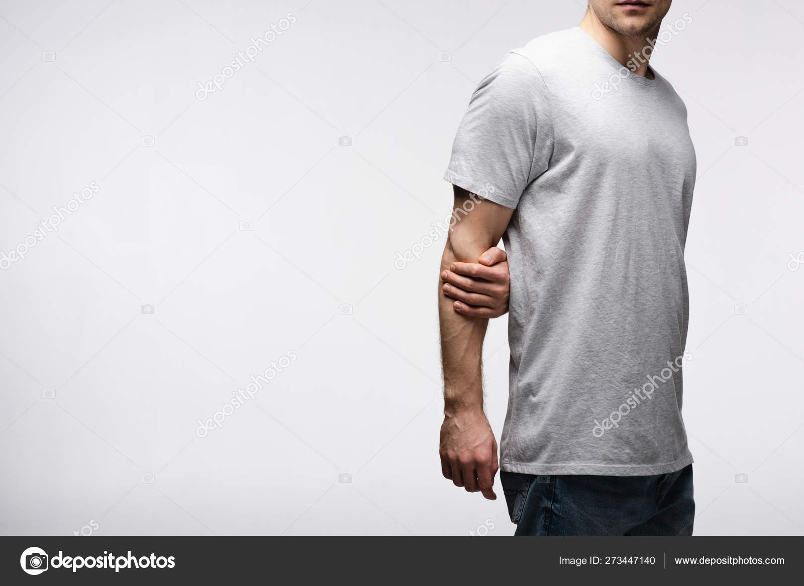 Cropped View Man Holding Hand Back Isolated Grey Human Emotion — Stock ...