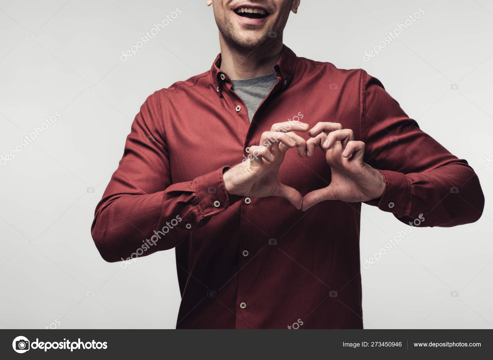 Partial View Cheerful Man Showing Heart Sign Hands Isolated Grey ...