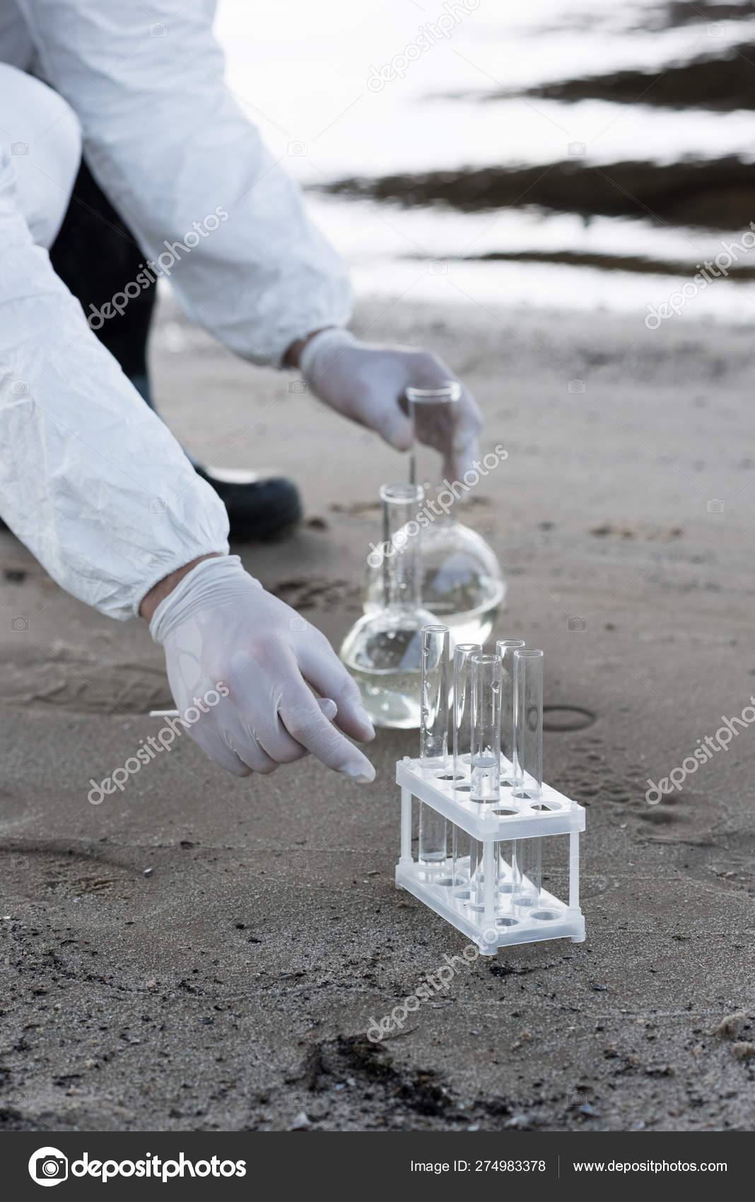 Cropped View Water Inspector Latex Gloves Test Tubes Flasks Coast ...