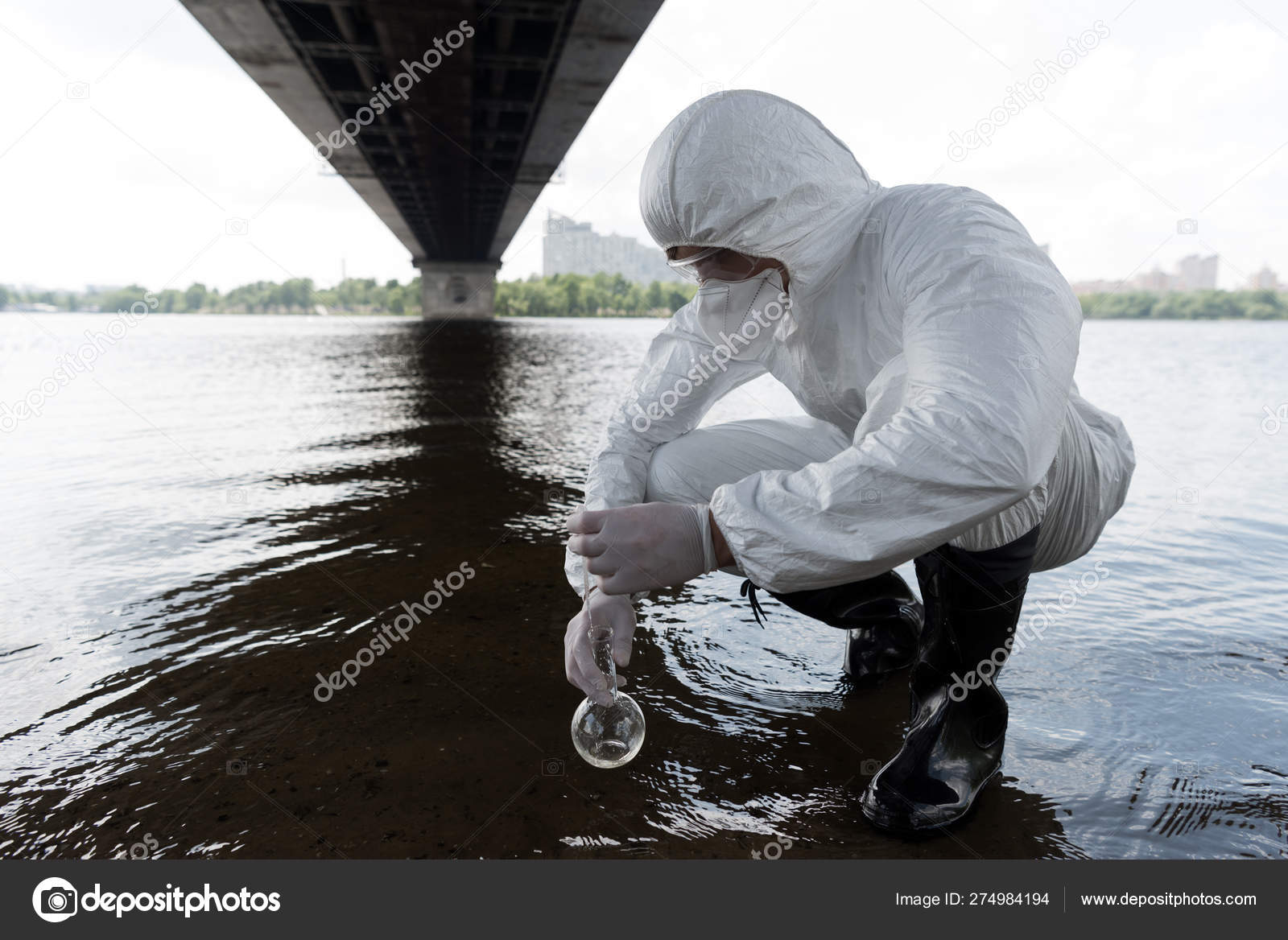 Water Inspector Protective Costume Holding Flask Taking Water Sample ...