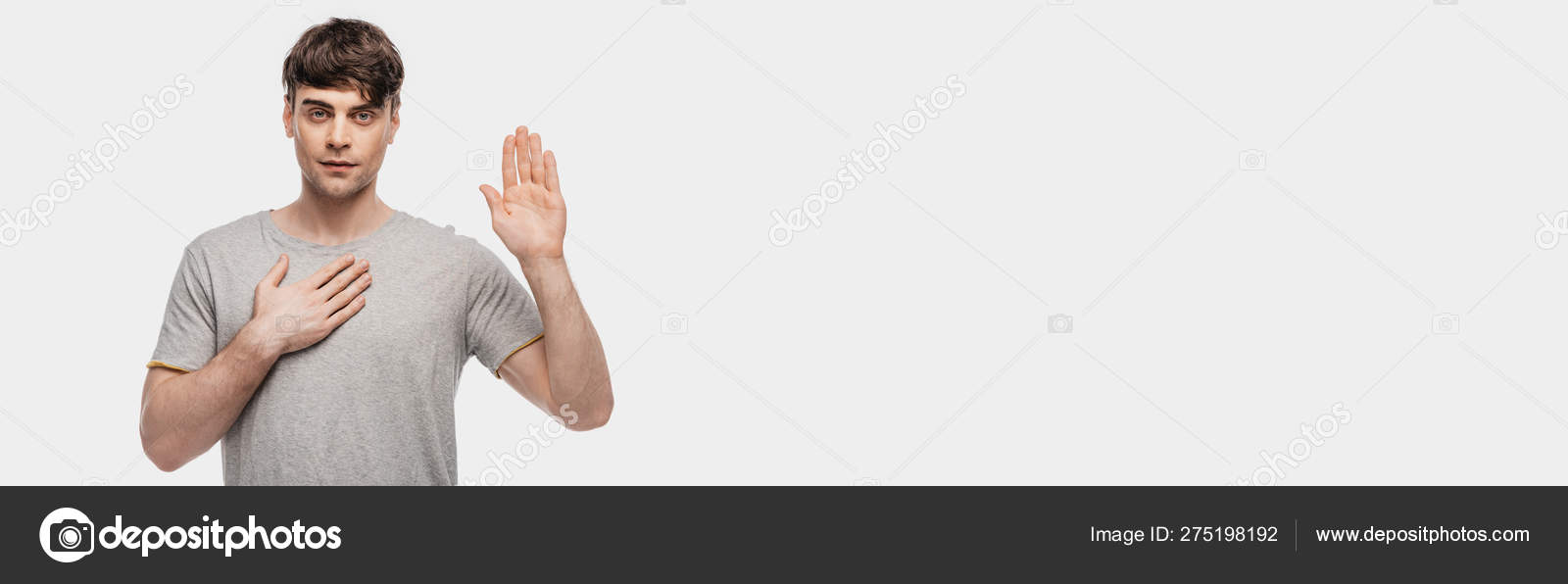 Panoramic Shot Confident Young Man Showing Swear Gesture Camera ...