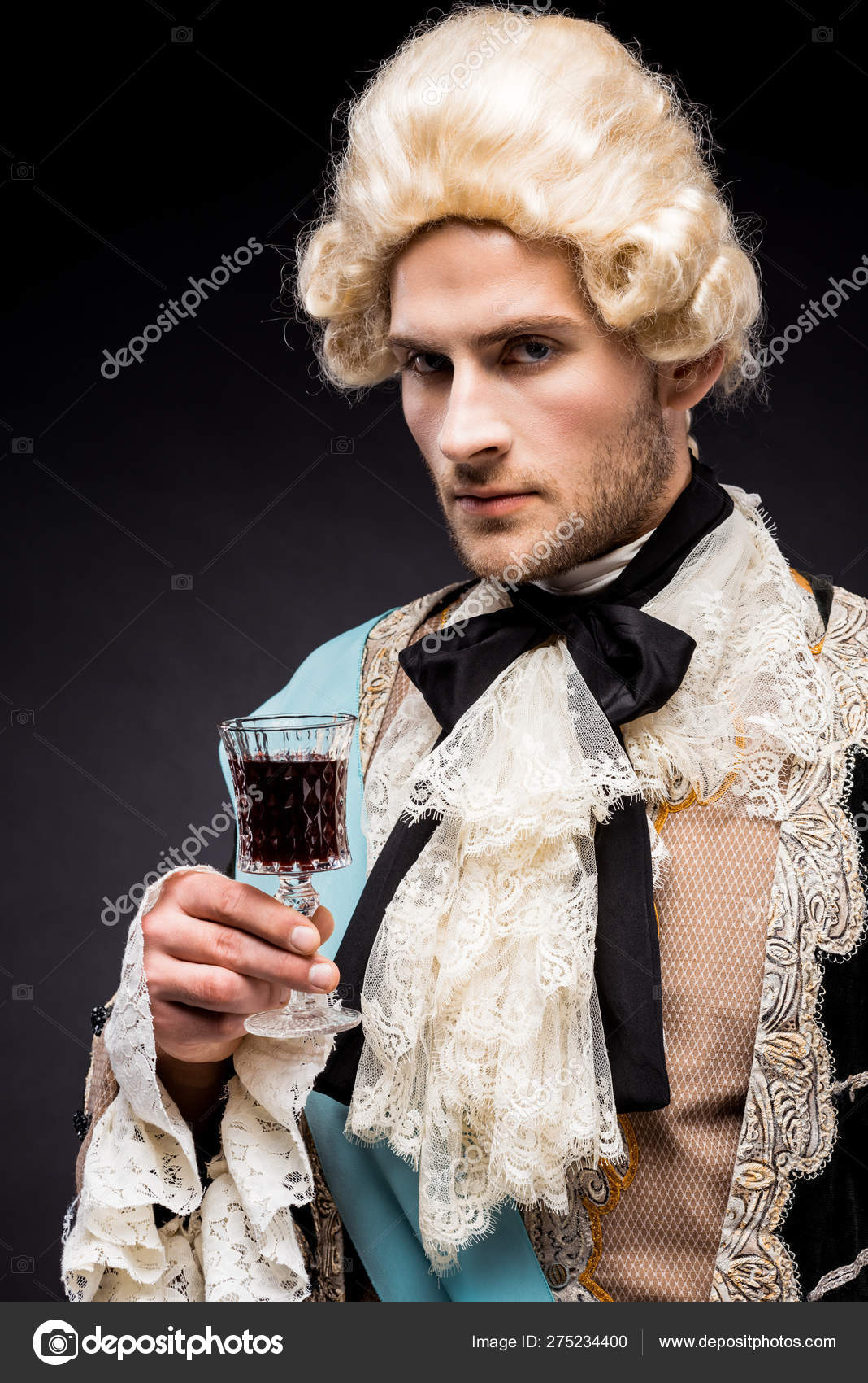 Pompous Victorian Man Wig Holding Wine Glass Black — Stock Photo ...