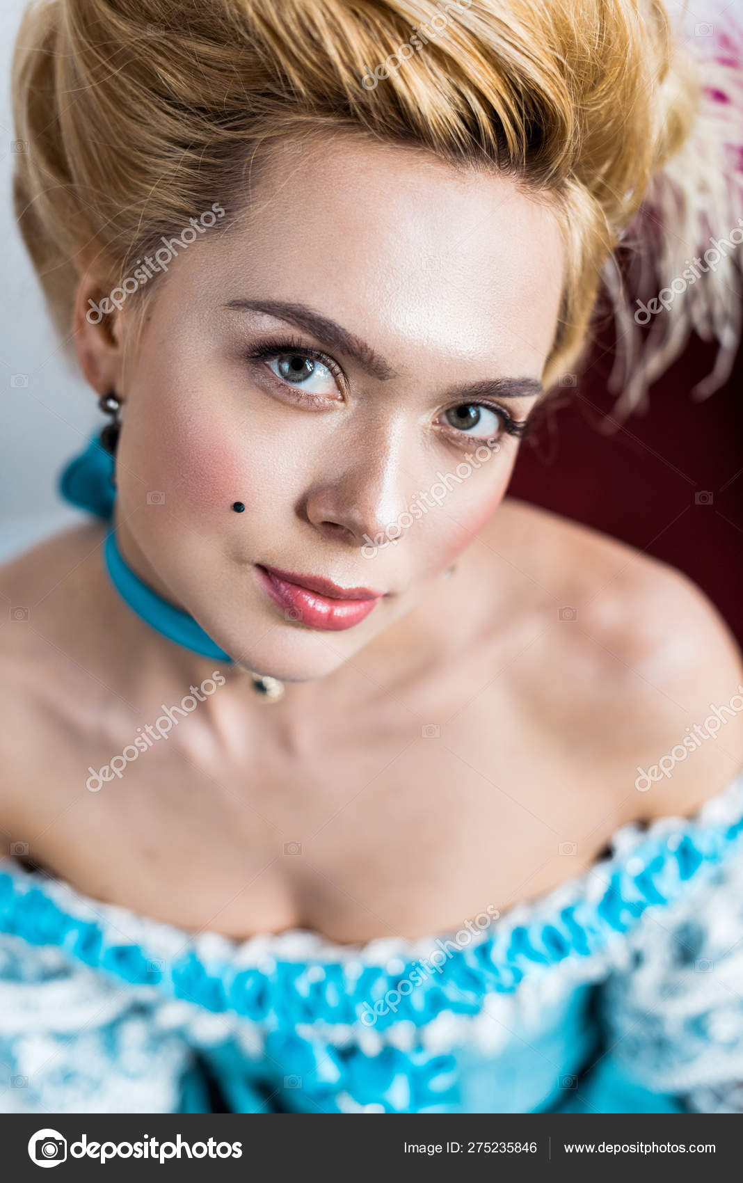 Selective Focus Beautiful Victorian Woman Blue Dress Looking Camera ...