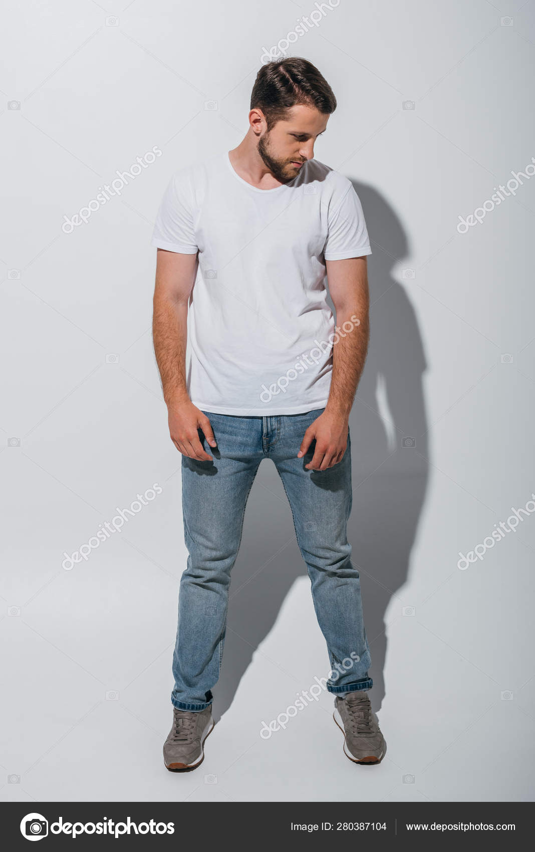 Full Length View Handsome Young Man Standing Looking Away Stock Photo ...