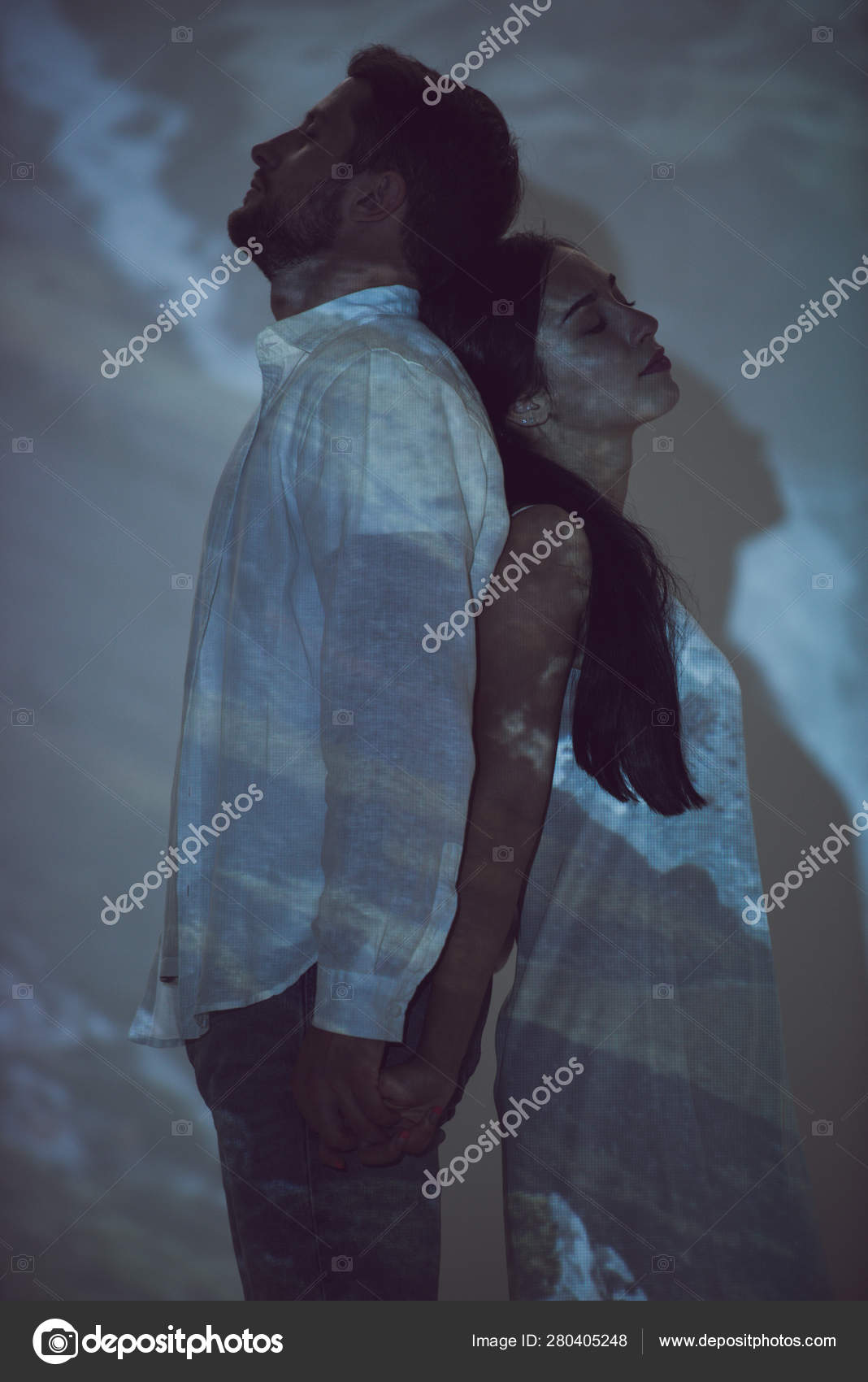 Side View Man Girl Standing Back Back Each Other Darkness Stock Photo ...