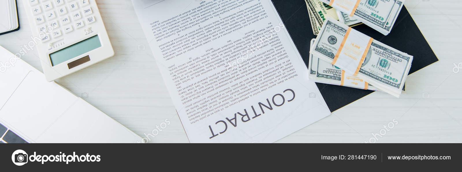 Top View Contract Dollar Banknotes Calculator Table — Stock Photo ...