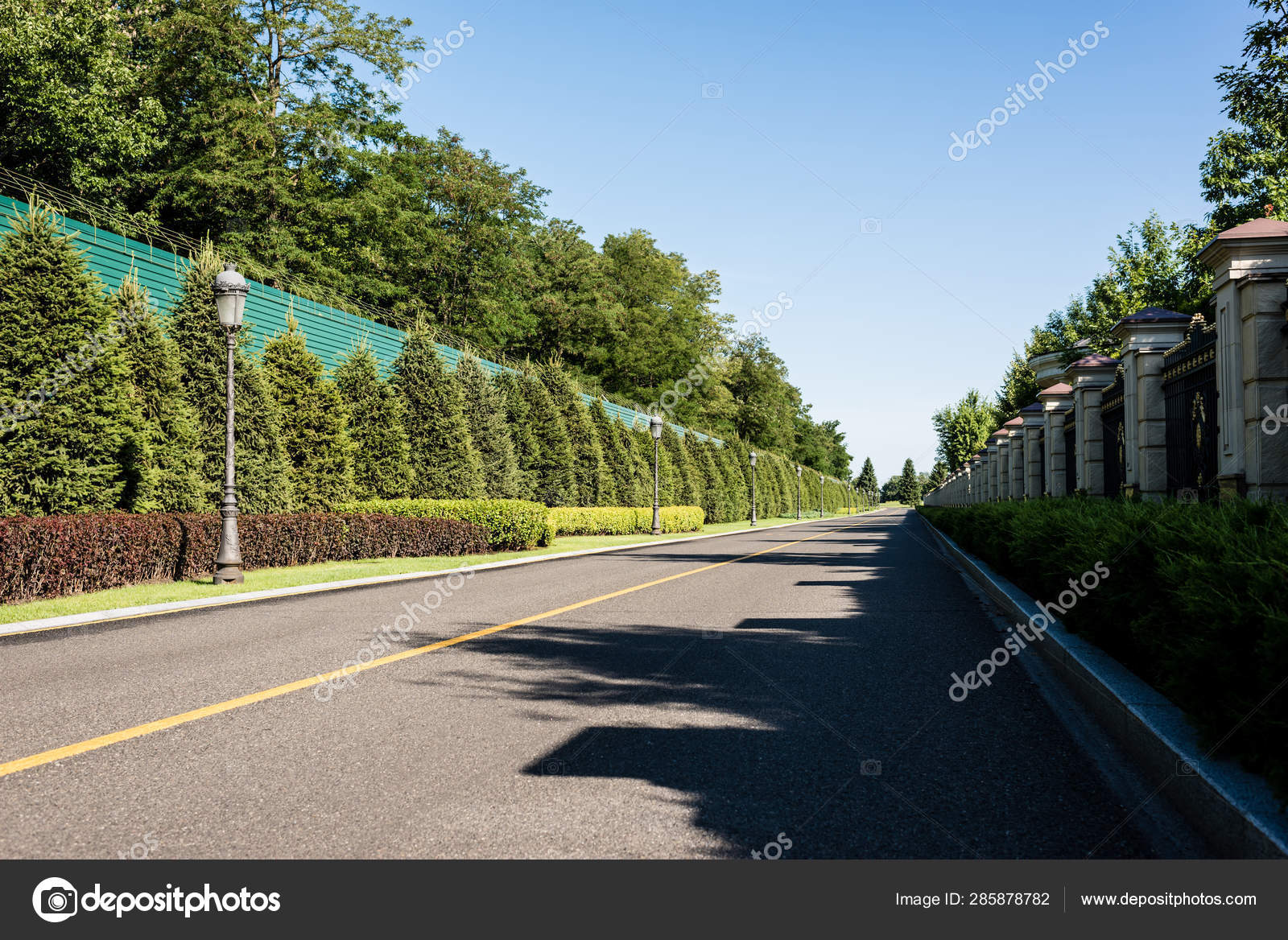 Shadows Road Green Trees Leaves Blue Sky Summer — Stock Photo ...