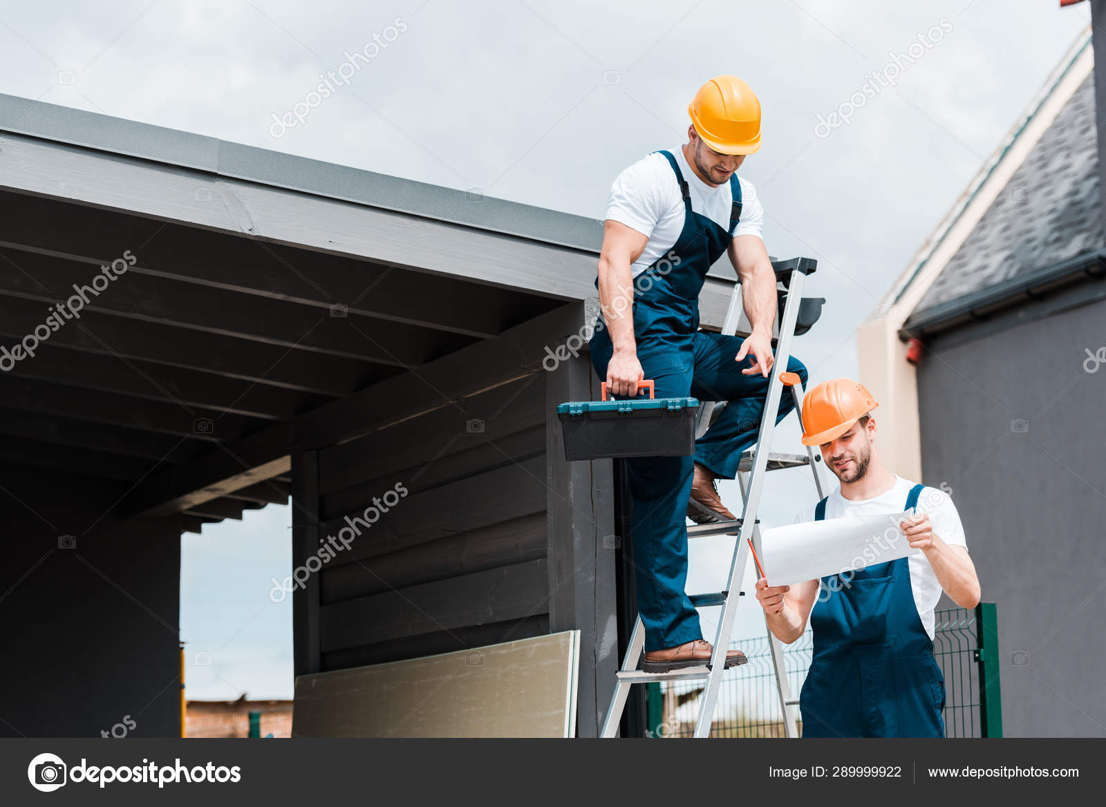 Handsome Builder Pointing Finger Paper Happy Coworker — Stock Photo ...