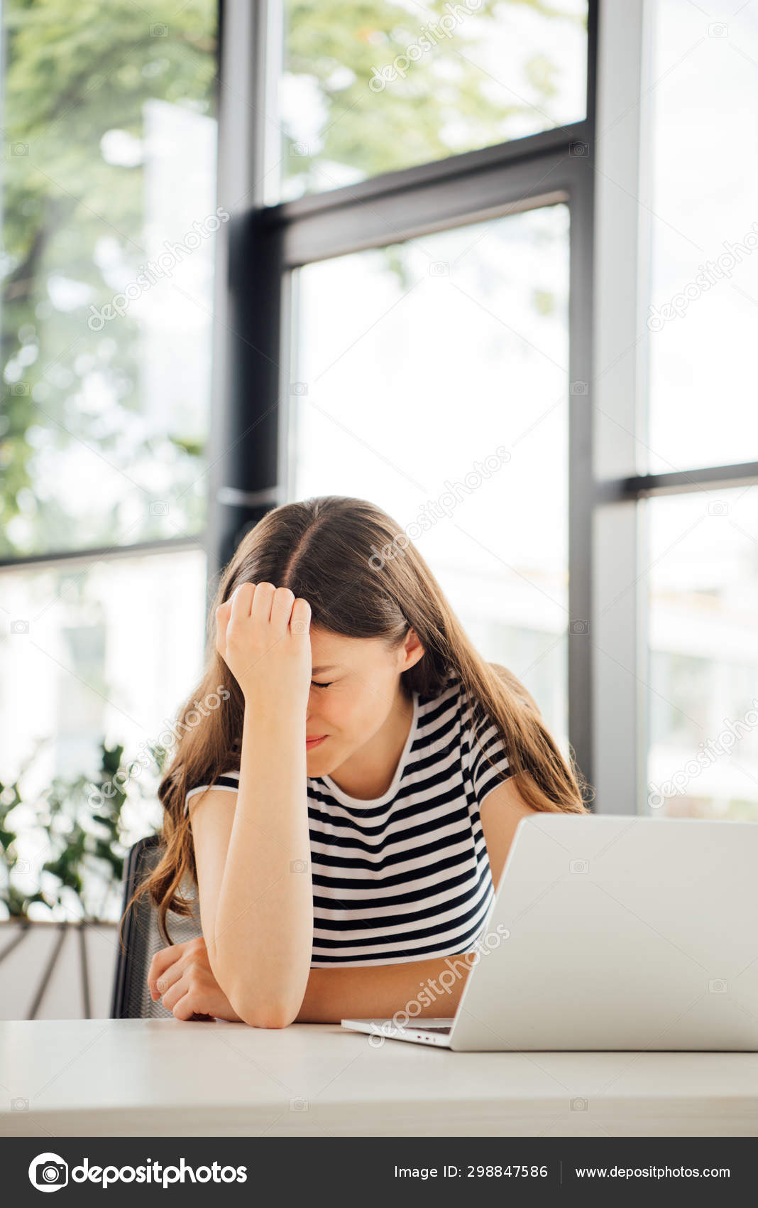 Sad Girl Striped Shirt Using Laptop Home — Stock Photo © HayDmitriy ...