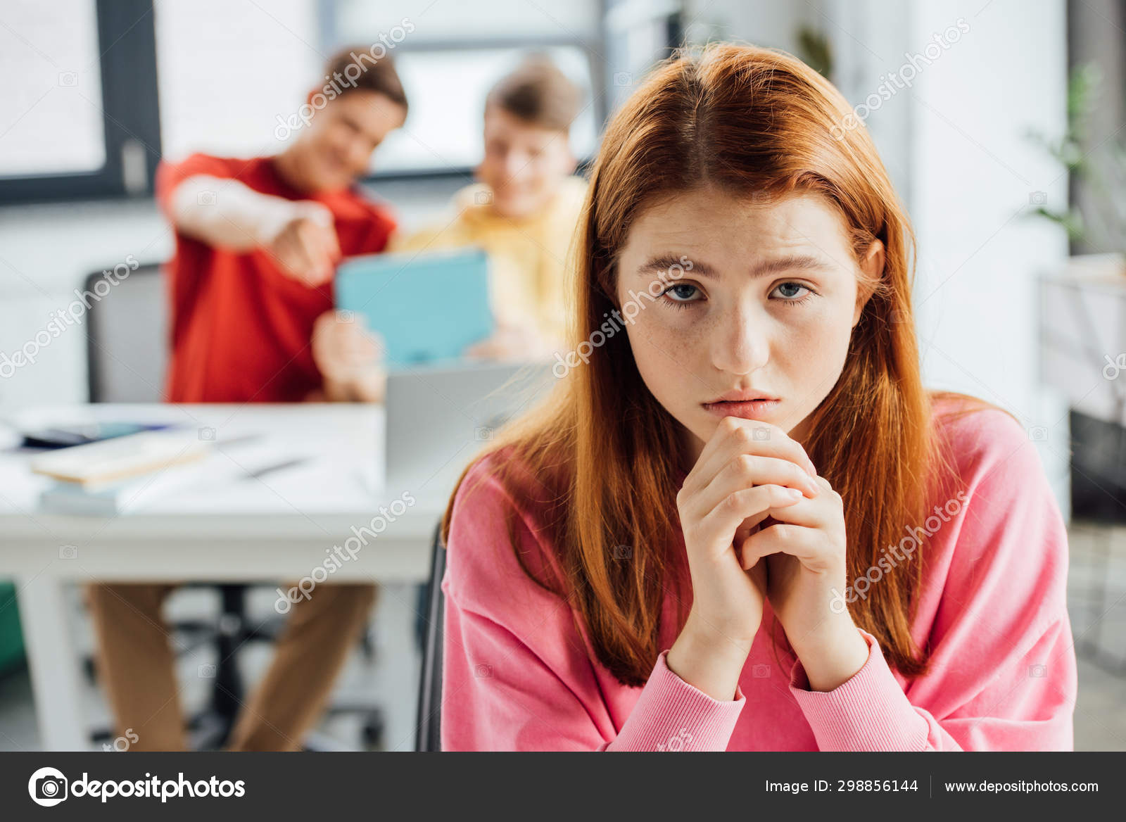 Sad Pensive Girl Classmates Laughing Her School — Stock Photo ...