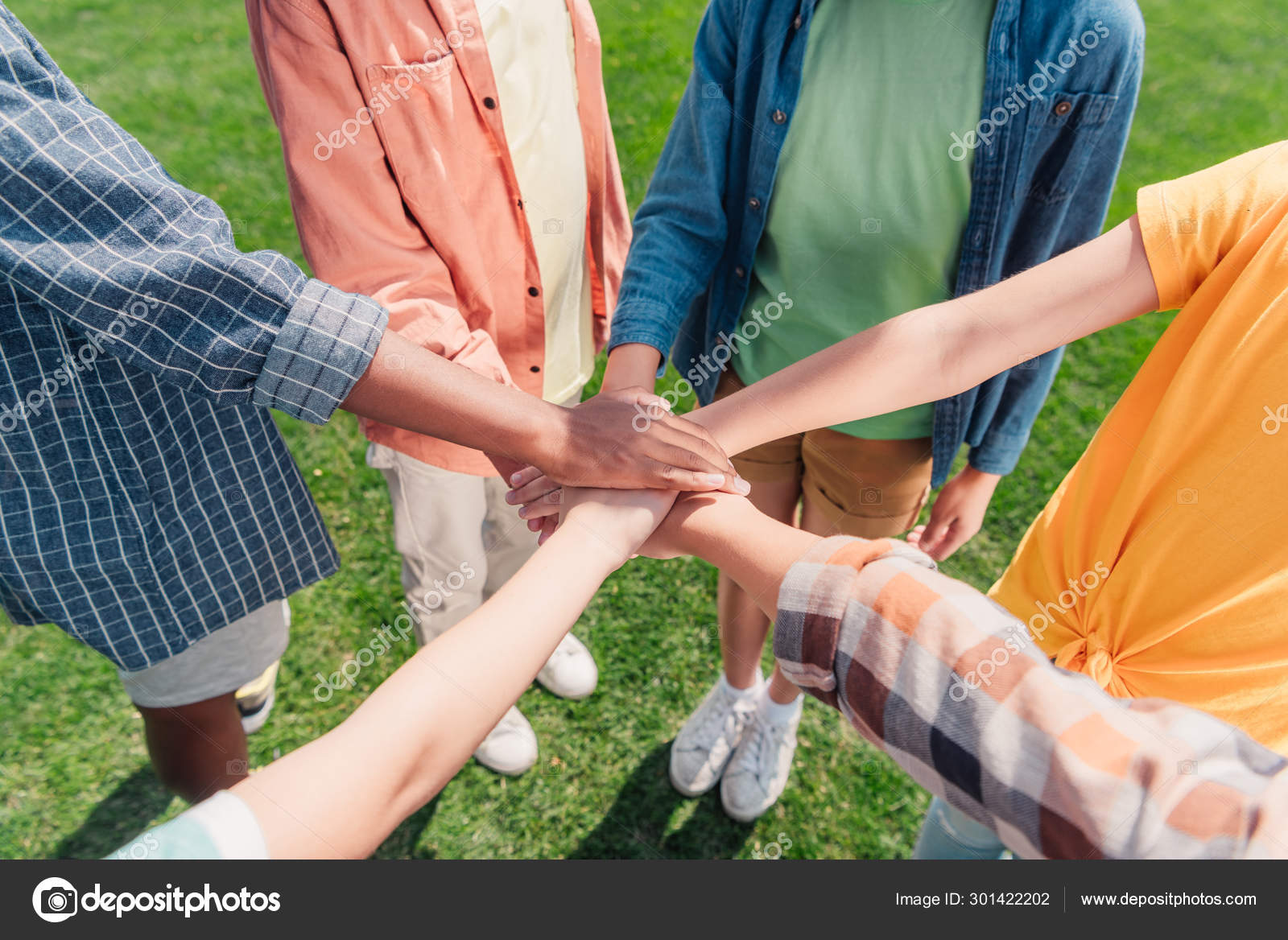 Cropped View Multicultural Kids Putting Hands Together Stock Photo by ...