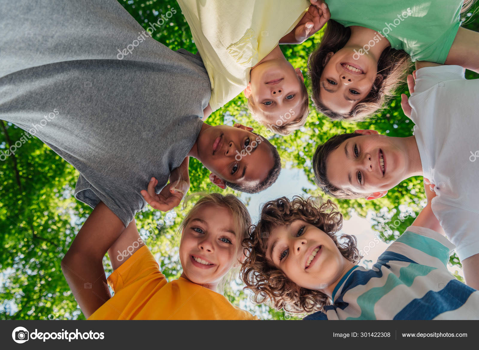 Bottom View Happy Multicultural Children Looking Camera — Stock Photo ...