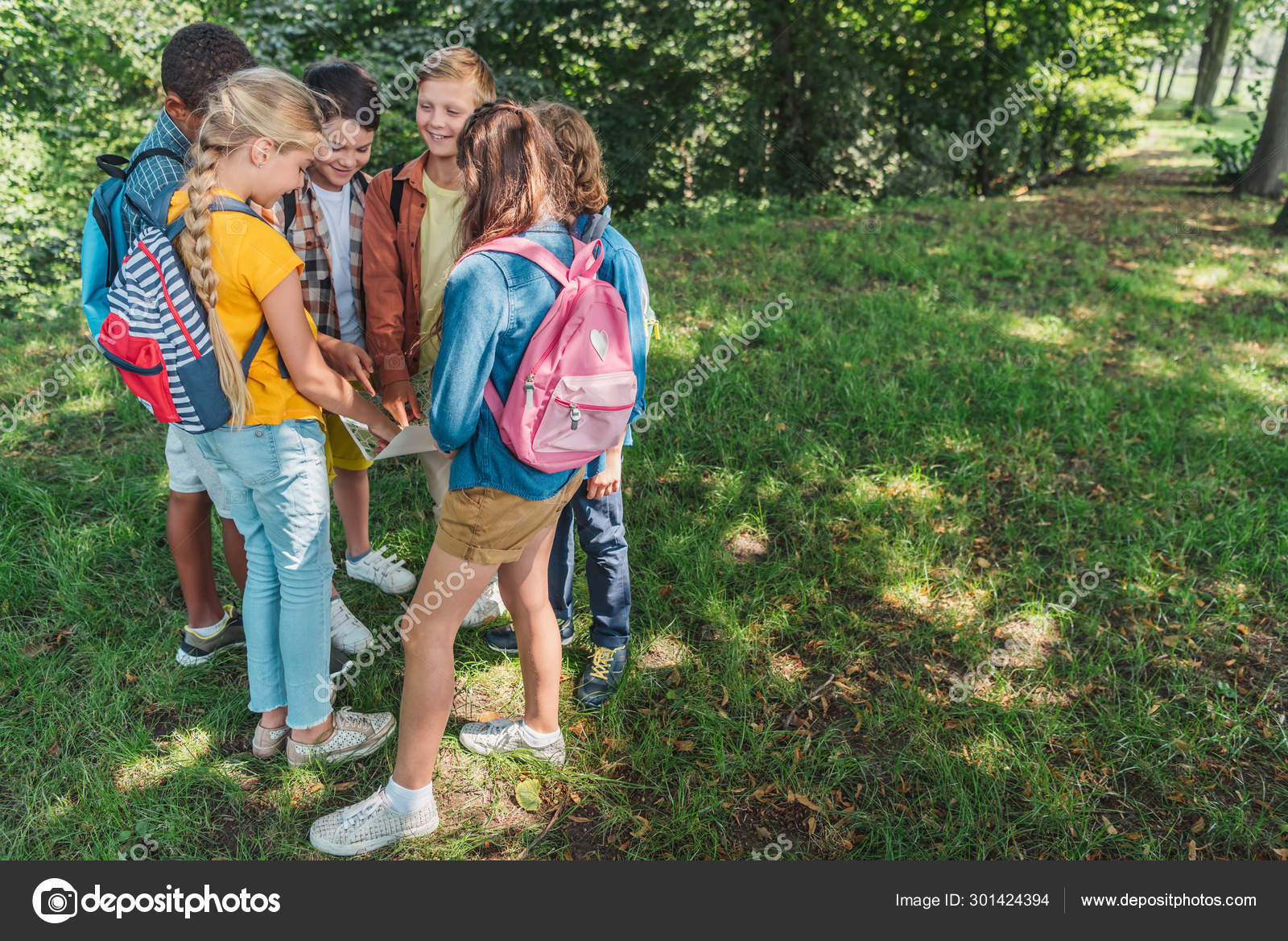 Happy Multicultural Kids Standing Map — Stock Photo © HayDmitriy #301424394