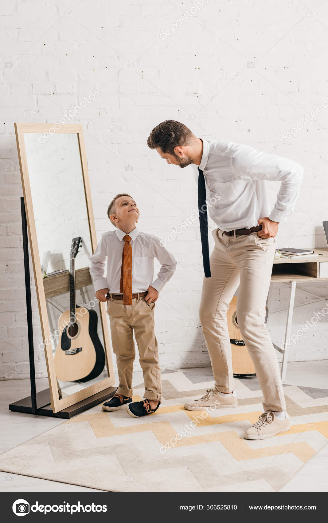 Full Length View Son Father Formal Wear Standing Mirror Looking — Stock ...