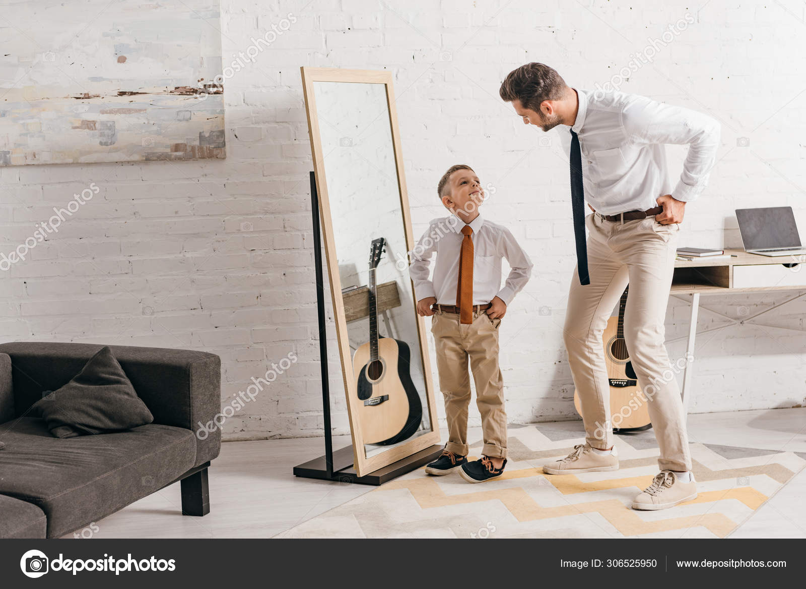 Full Length View Son Father Formal Wear Standing Mirror Looking — Stock ...