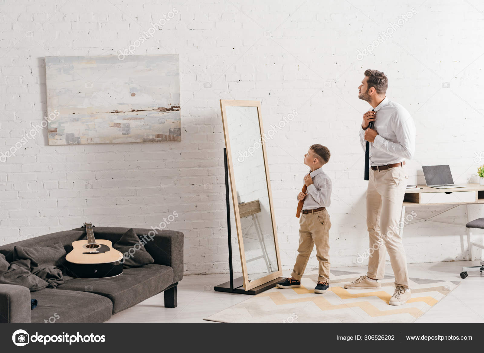 Full Length View Son Father Formal Wear Standing Mirror — Stock Photo ...