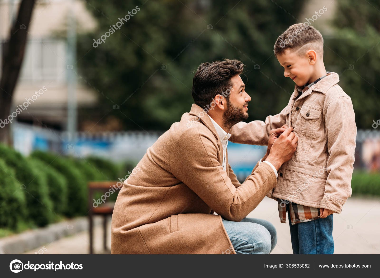 Side View Dad Coat Son Jacket Street Autumn Day — Stock Photo ...