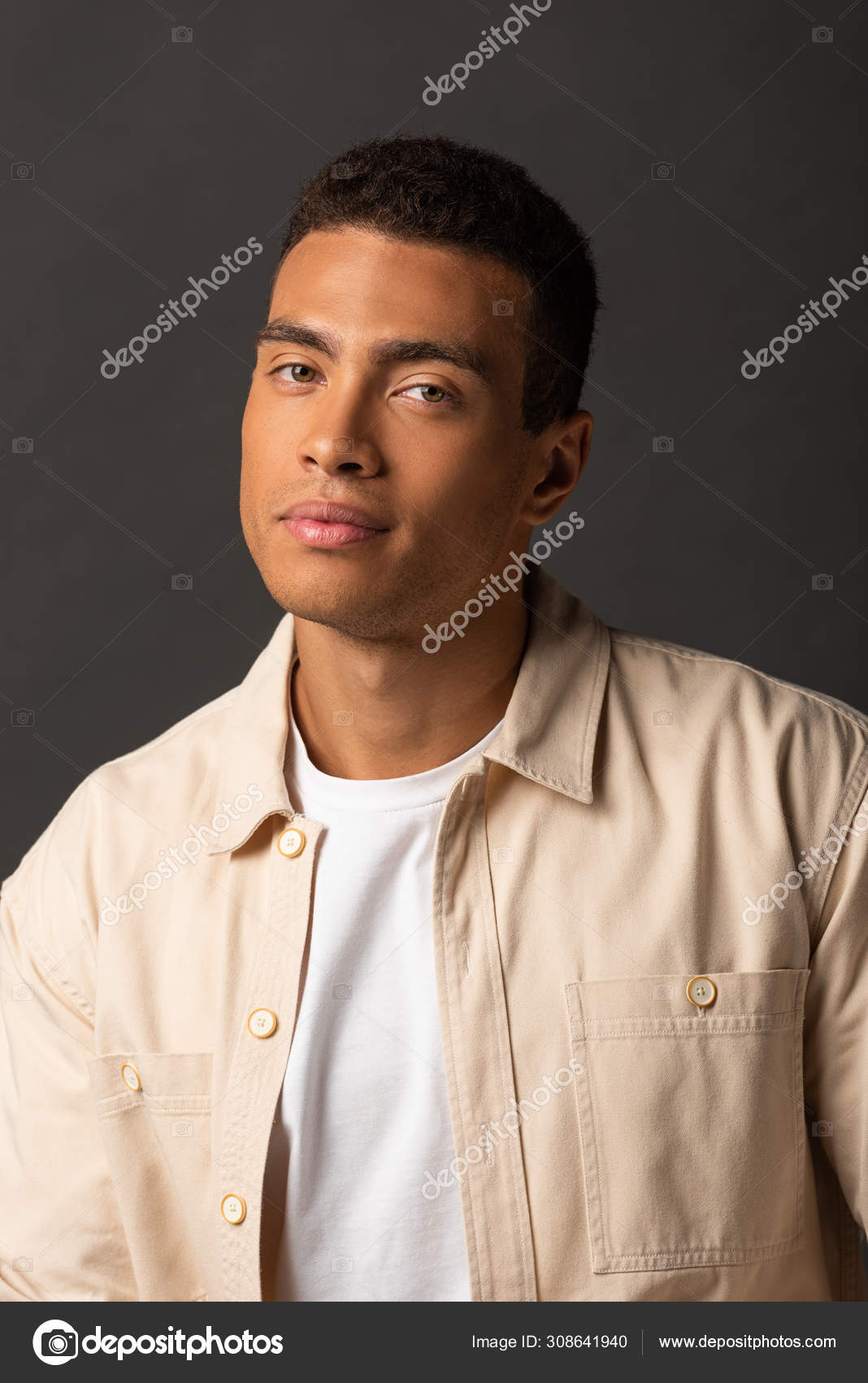 Handsome Mixed Race Man Beige Shirt Black Background Stock Photo by ...