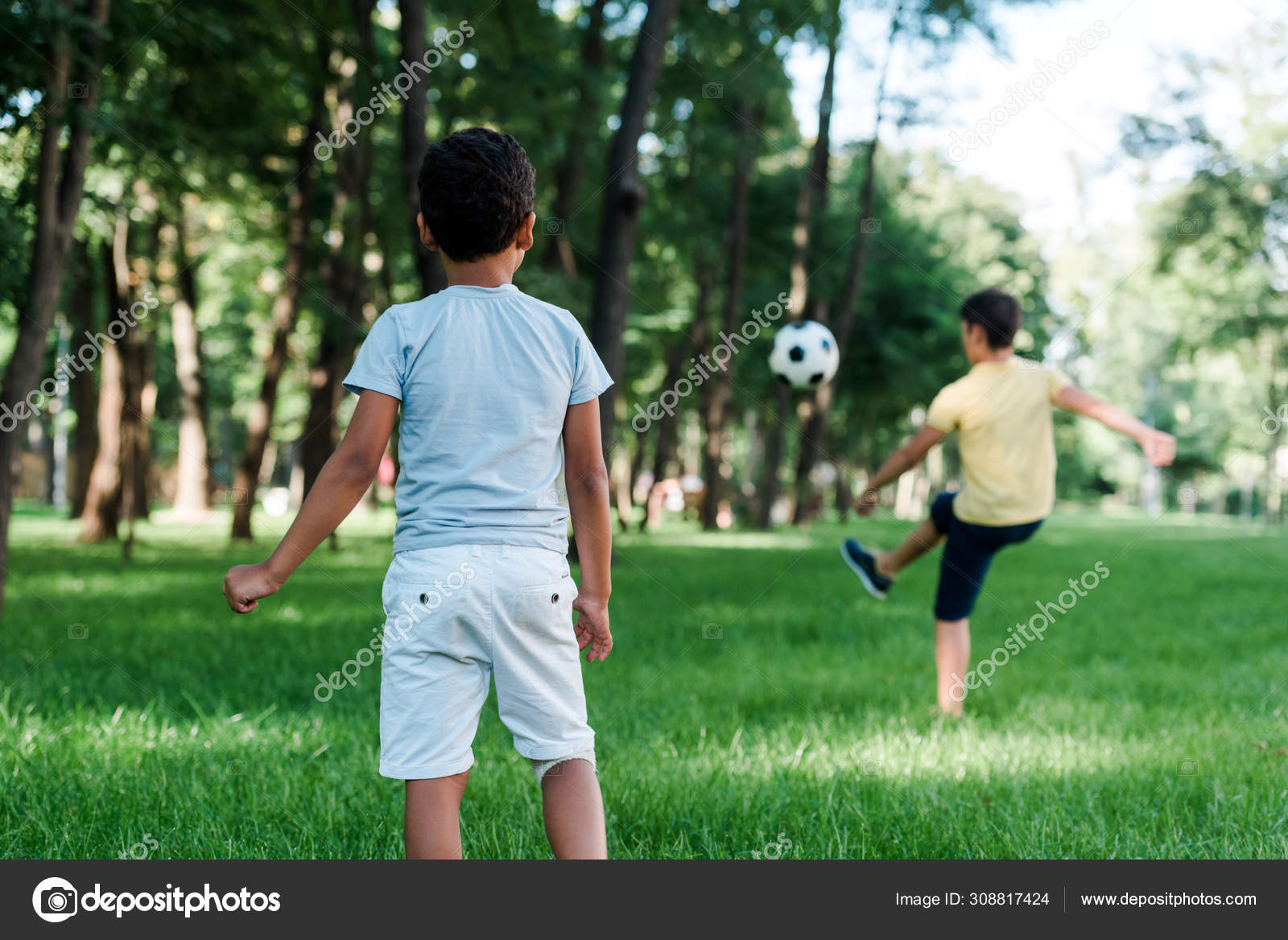 Back View African American Kid Standing Boy Playing Football — Stock ...