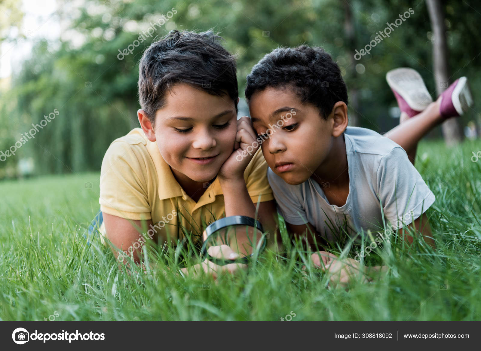 Selective Focus Cute Multicultural Boys Lying Grass Looking Magnifier ...