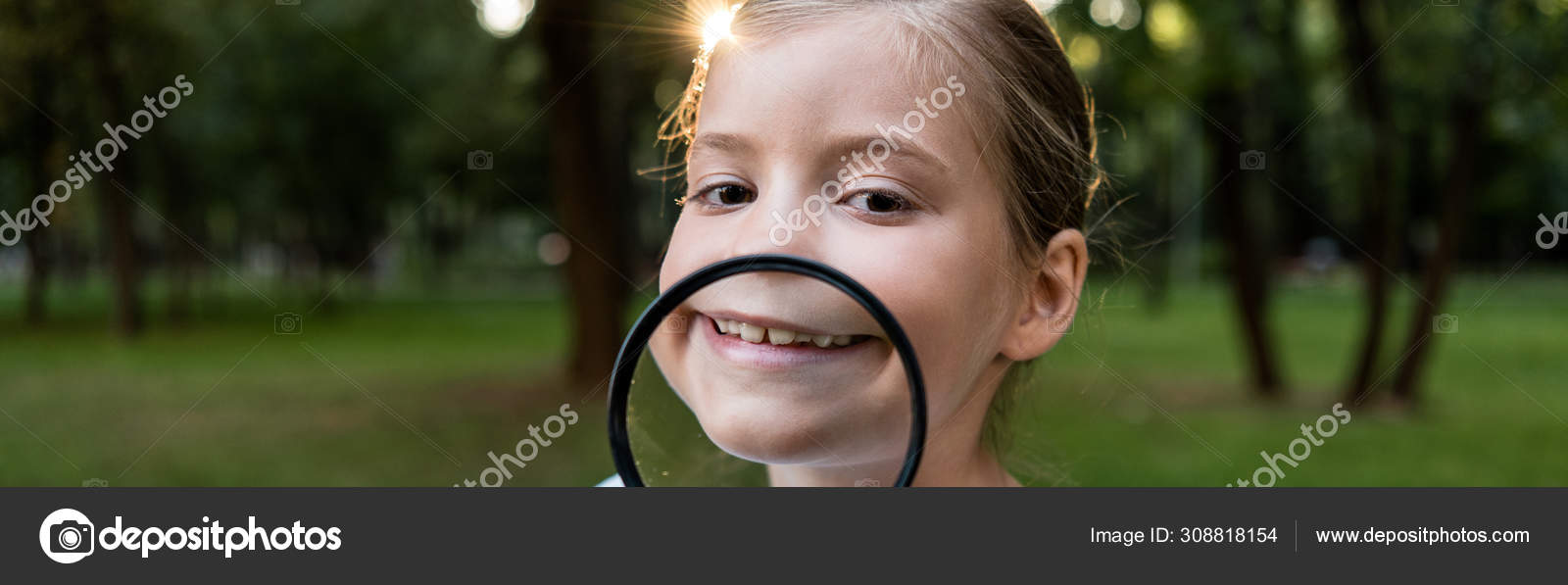 Panoramic Shot Happy Kid Holding Magnifier Face — Stock Photo ...