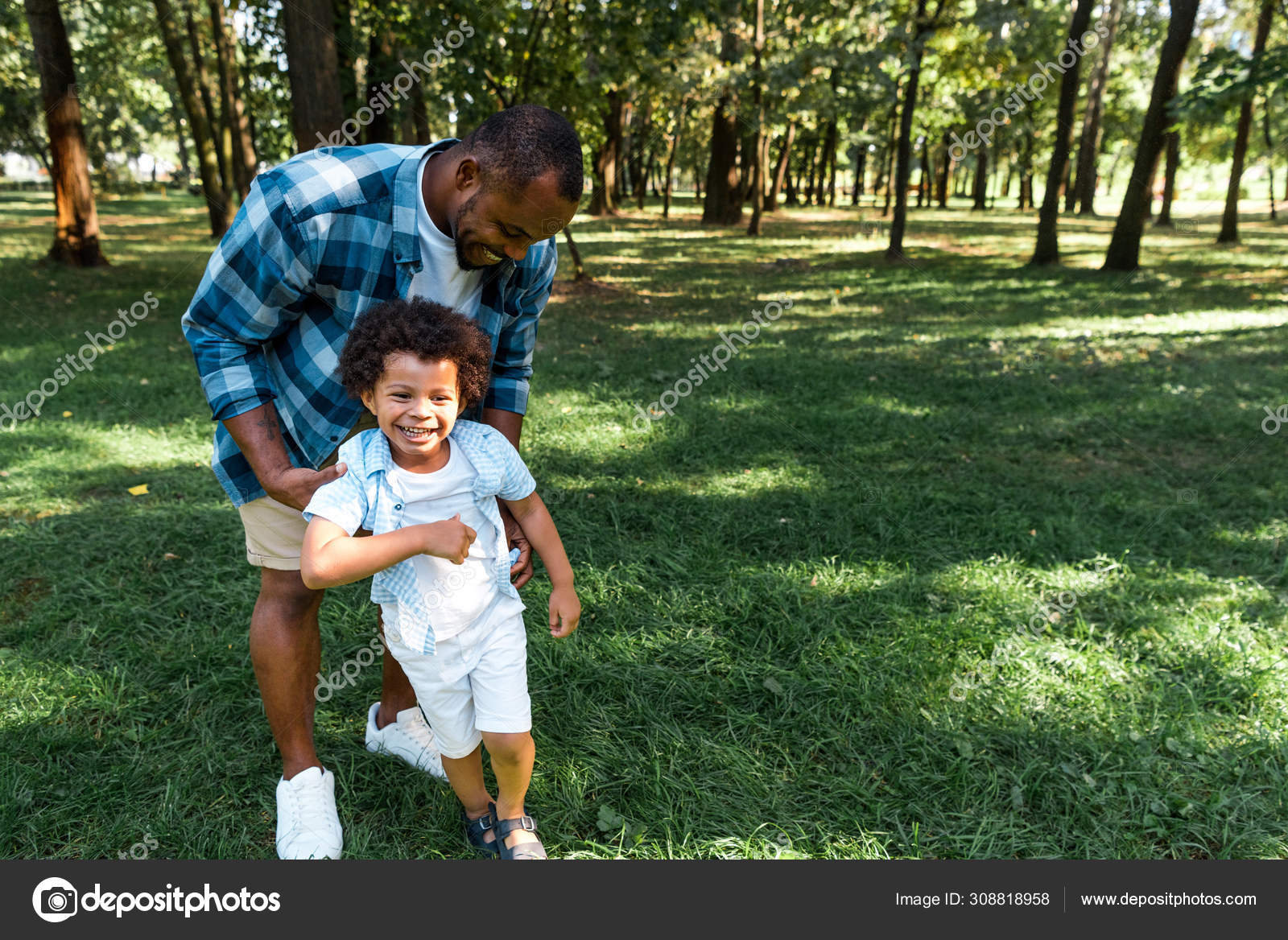 Happy African American Father Touching Happy Cute Son Green Park