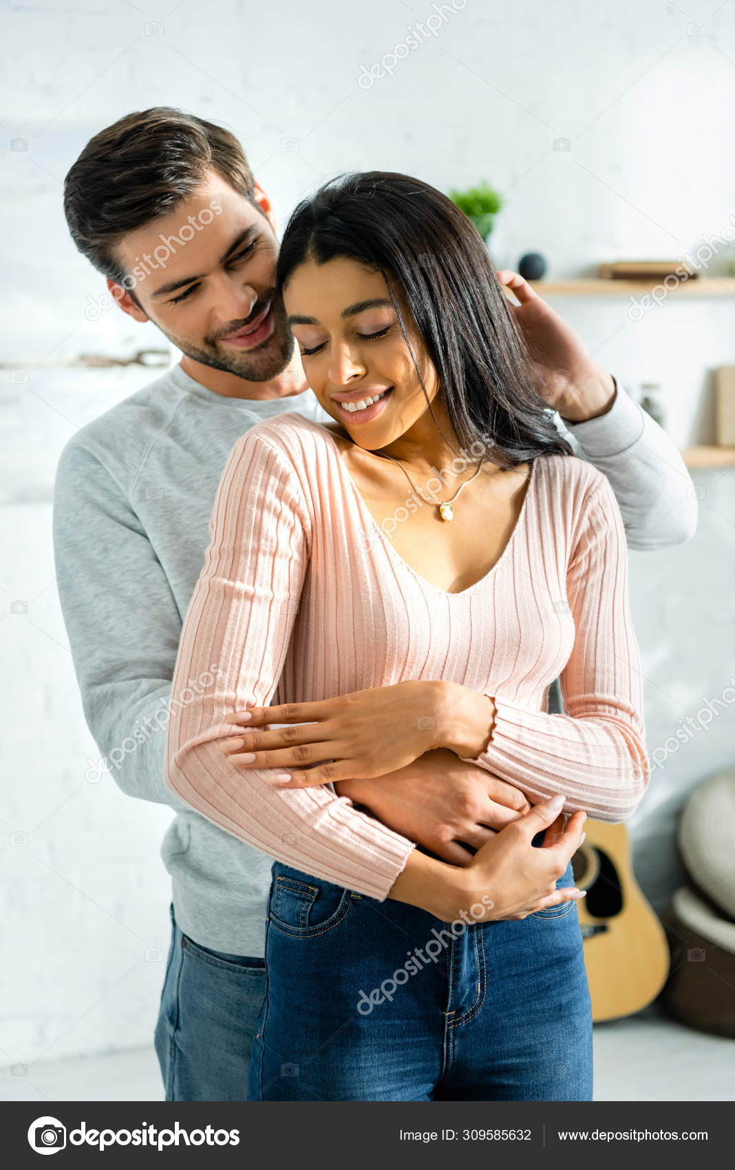 African American Woman Handsome Man Smiling Hugging Apartment — Stock