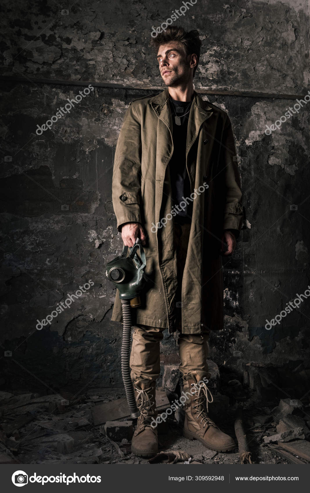 Handsome Man Standing Old Wall Gas Mask Post Apocalyptic Concept Stock ...