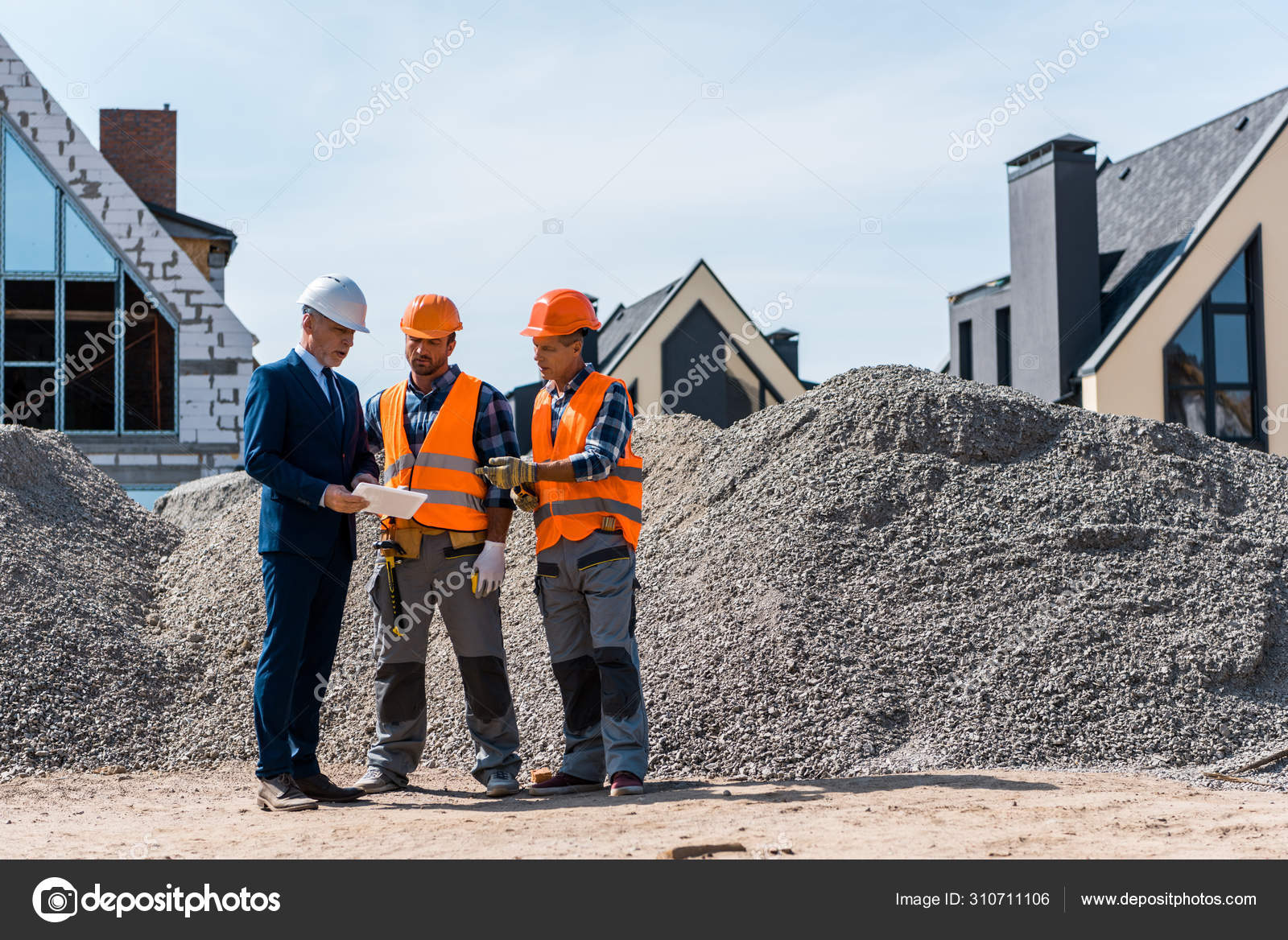 Constructors Standing Businessman Digital Tablet — Stock Photo ... Constructors Standing Businessman Digital Tablet — Stock Photo ...