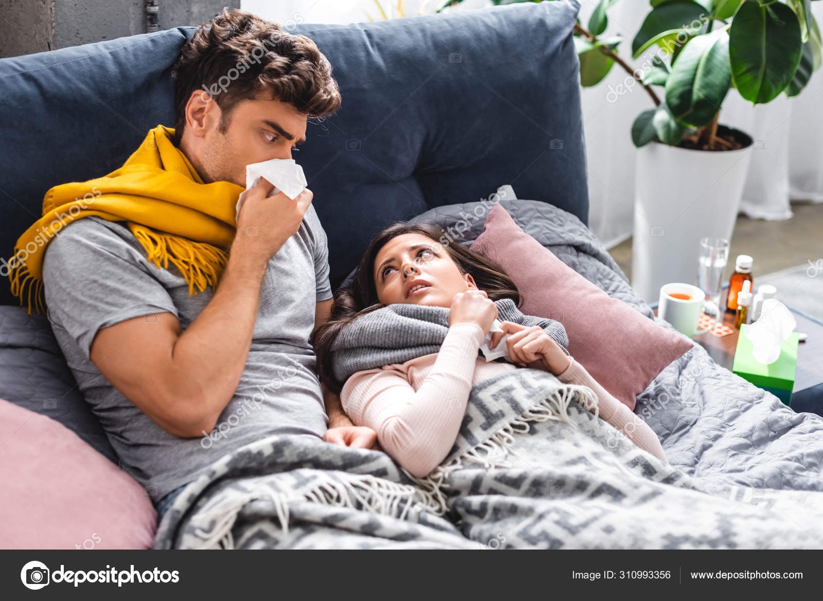 Sick Girlfriend Handsome Boyfriend Sneezing Holding Napkins Stock Photo ...